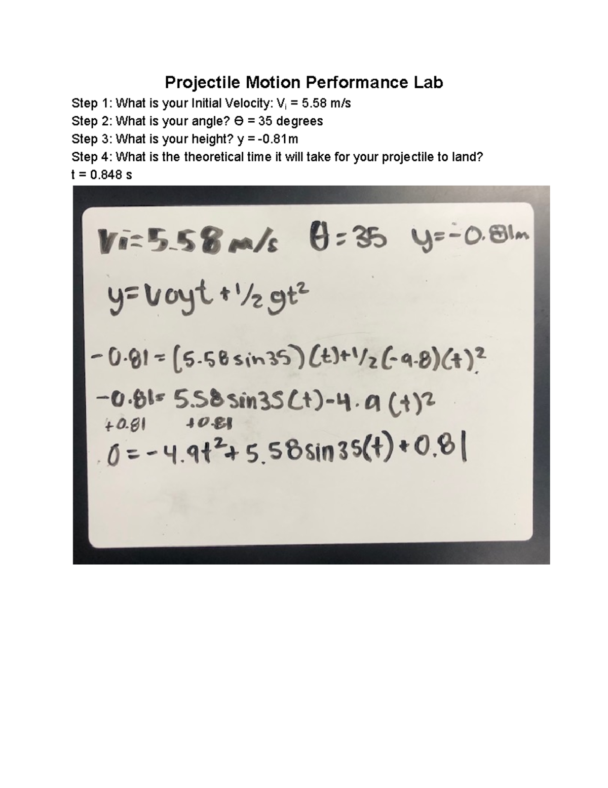 Projectile Motion Review - Projectile Motion Performance Lab Step 1 ...
