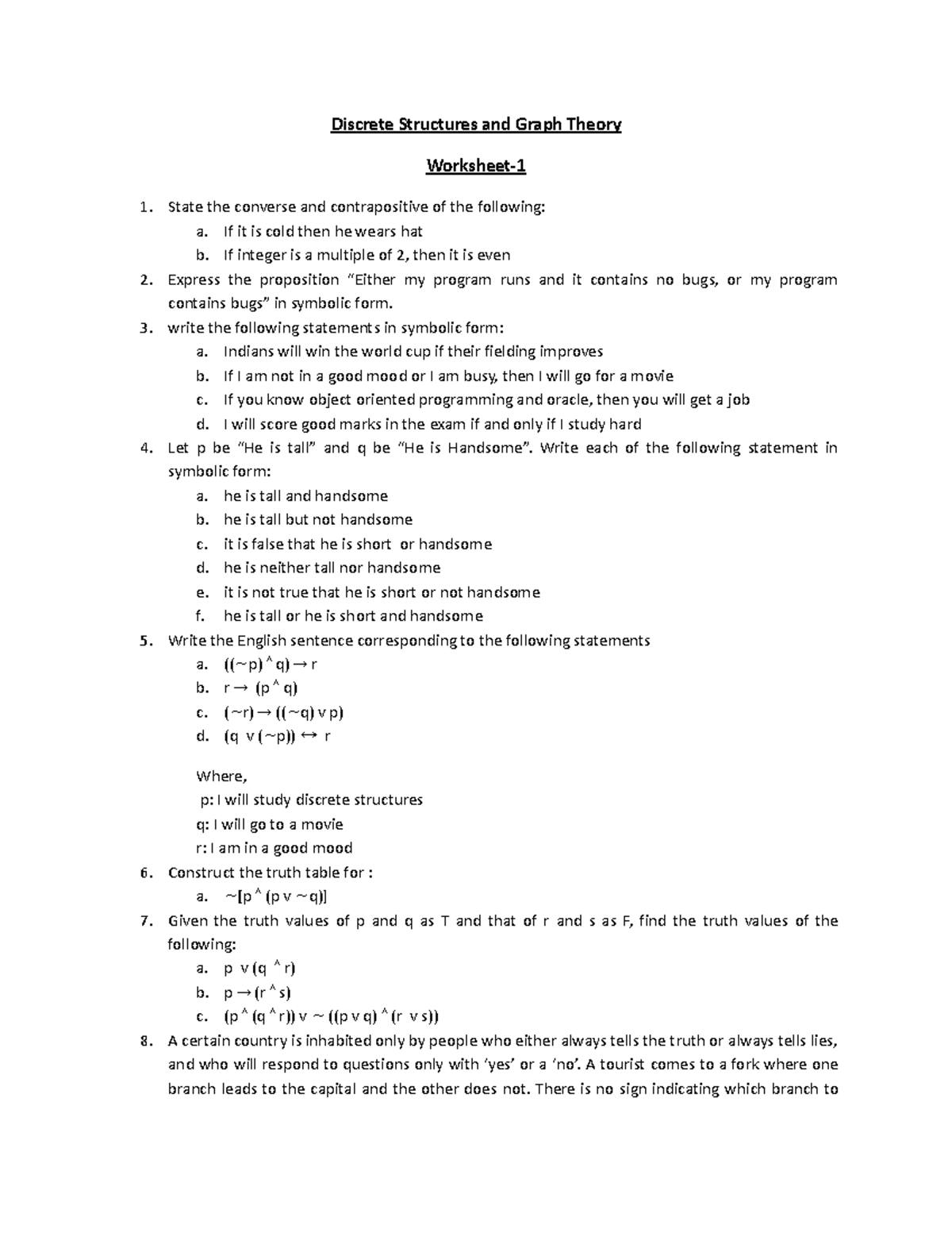 Worksheet-1 - Discrete Structures and Graph Theory Worksheet- State the ...