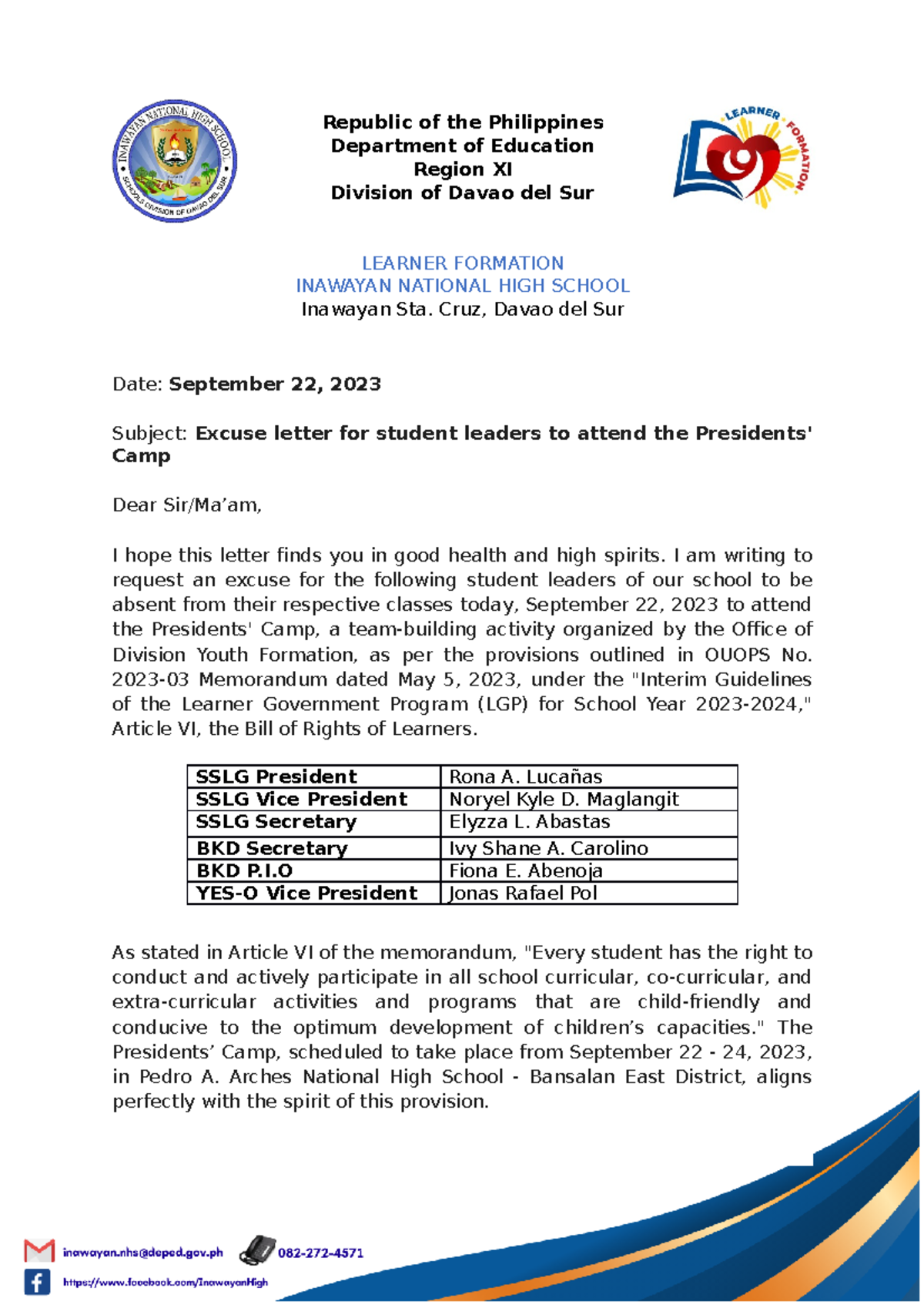 Excuse Letter PRES CAMP - Republic of the Philippines Department of ...