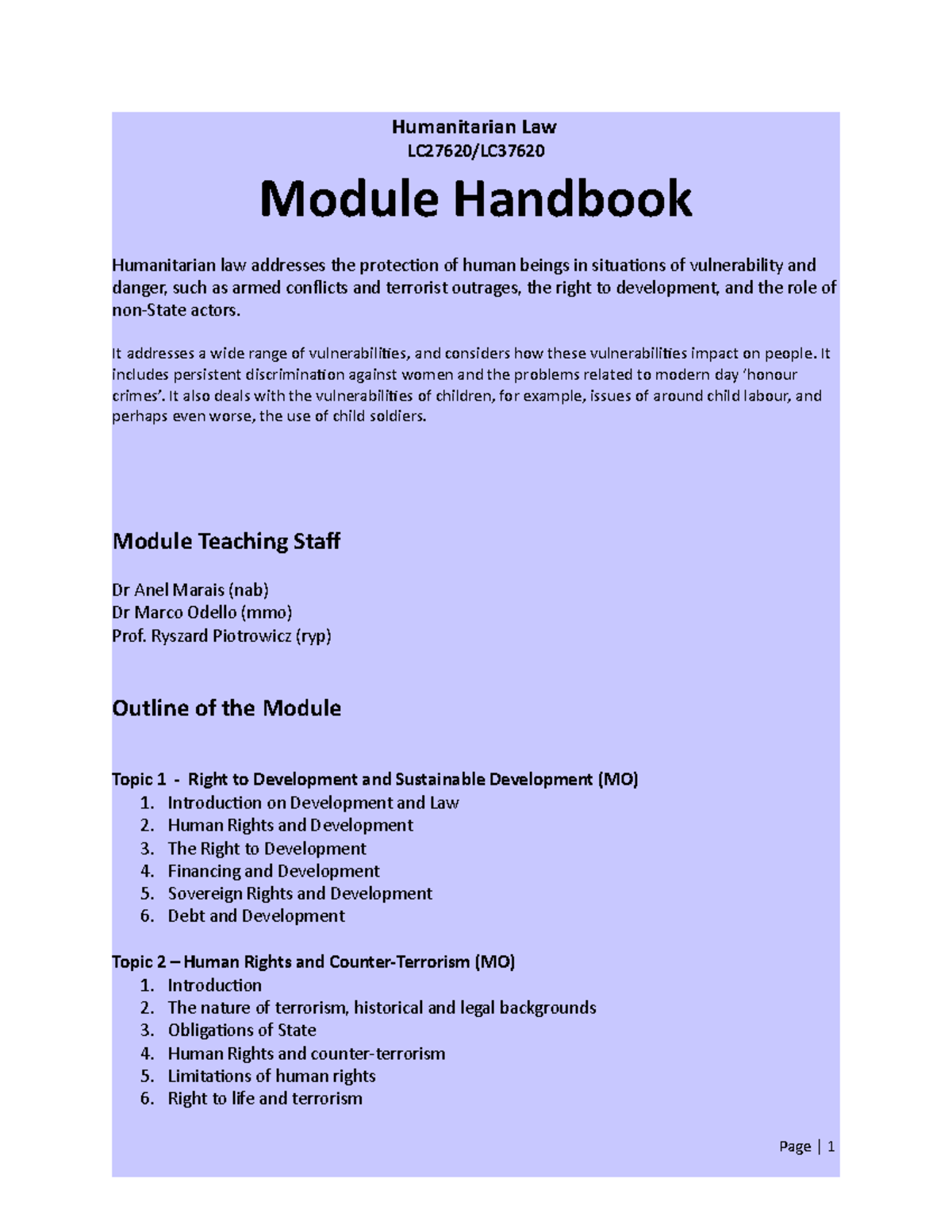 Module Handbook Hum Law- Humanitarian Law LC27620/LC Module Handbook ...