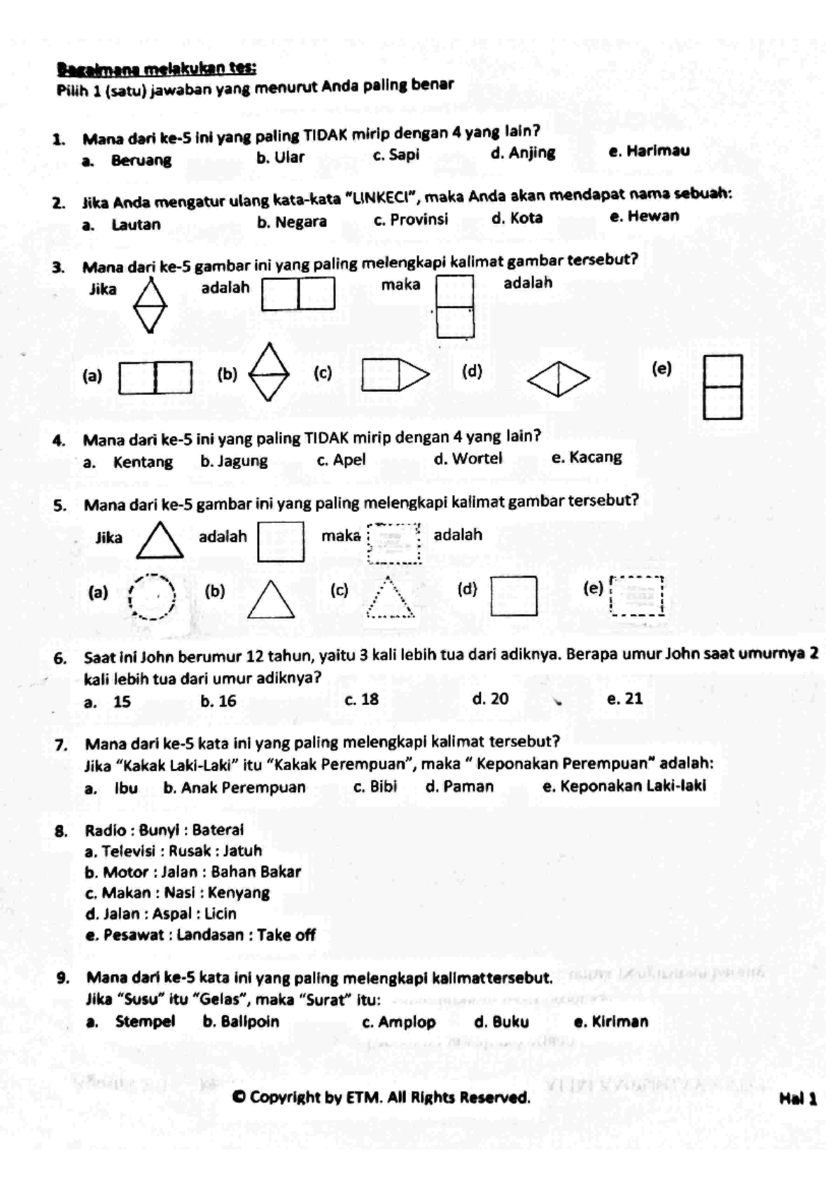 SOAL TEST NO 1 - test masuk kerja - social psikologi - Studocu