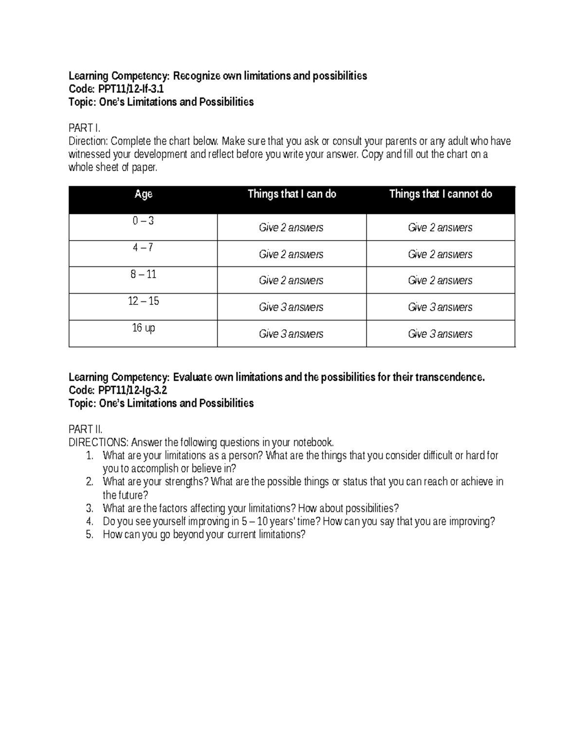 Philosophy-Activity-09 - Learning Competency: Recognize own limitations and possibilities Code ...