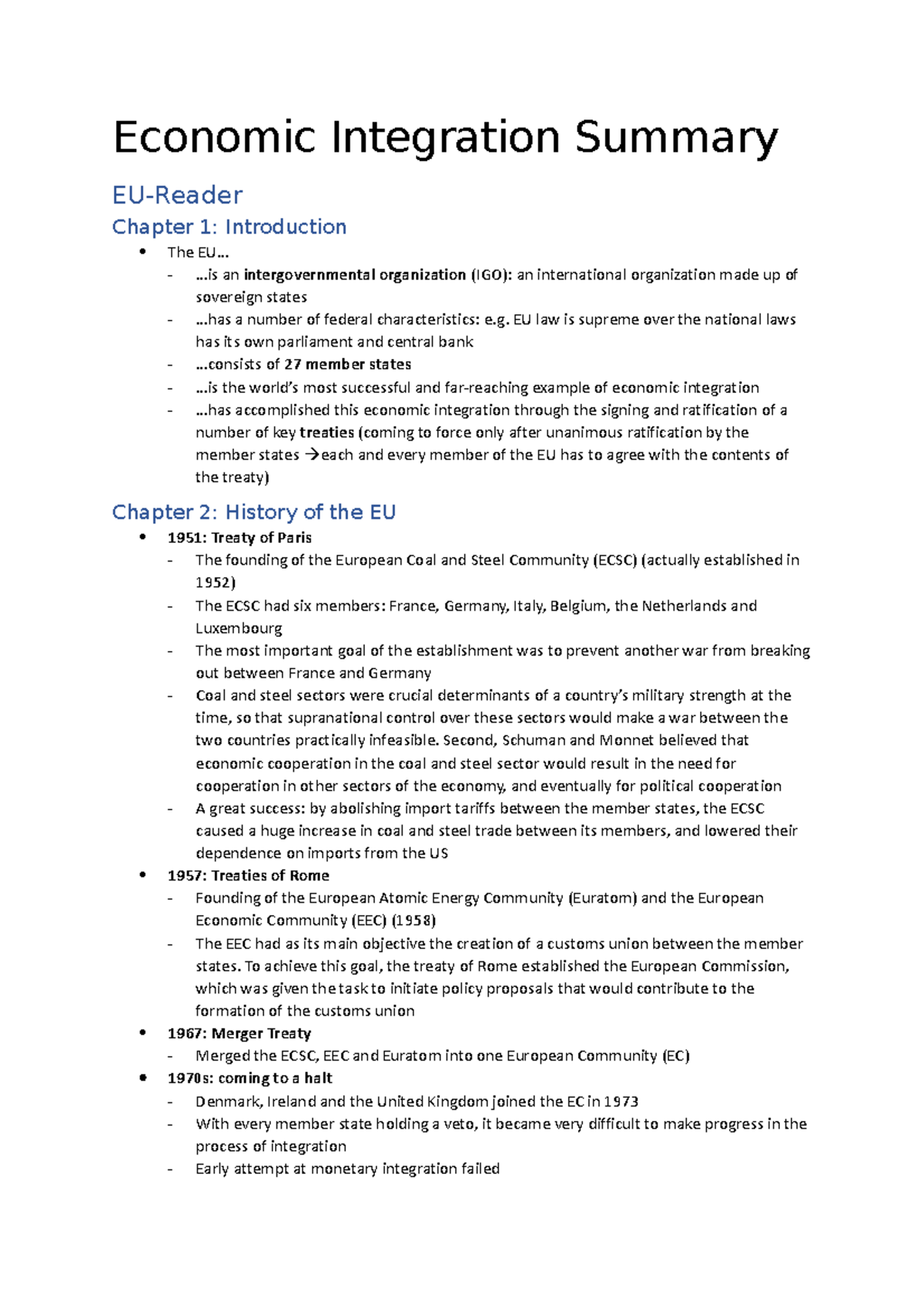 Economic Integration Summary Economic Integration Summary Eu Reader Chapter 1 Introduction