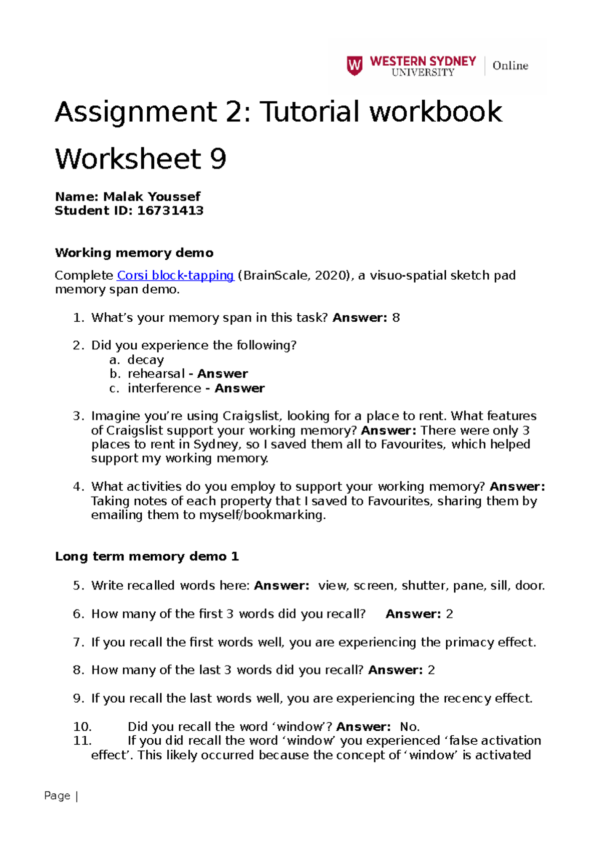 Worksheet 9 mod9 - Page | Assignment 2: Tutorial workbook Worksheet 9 ...