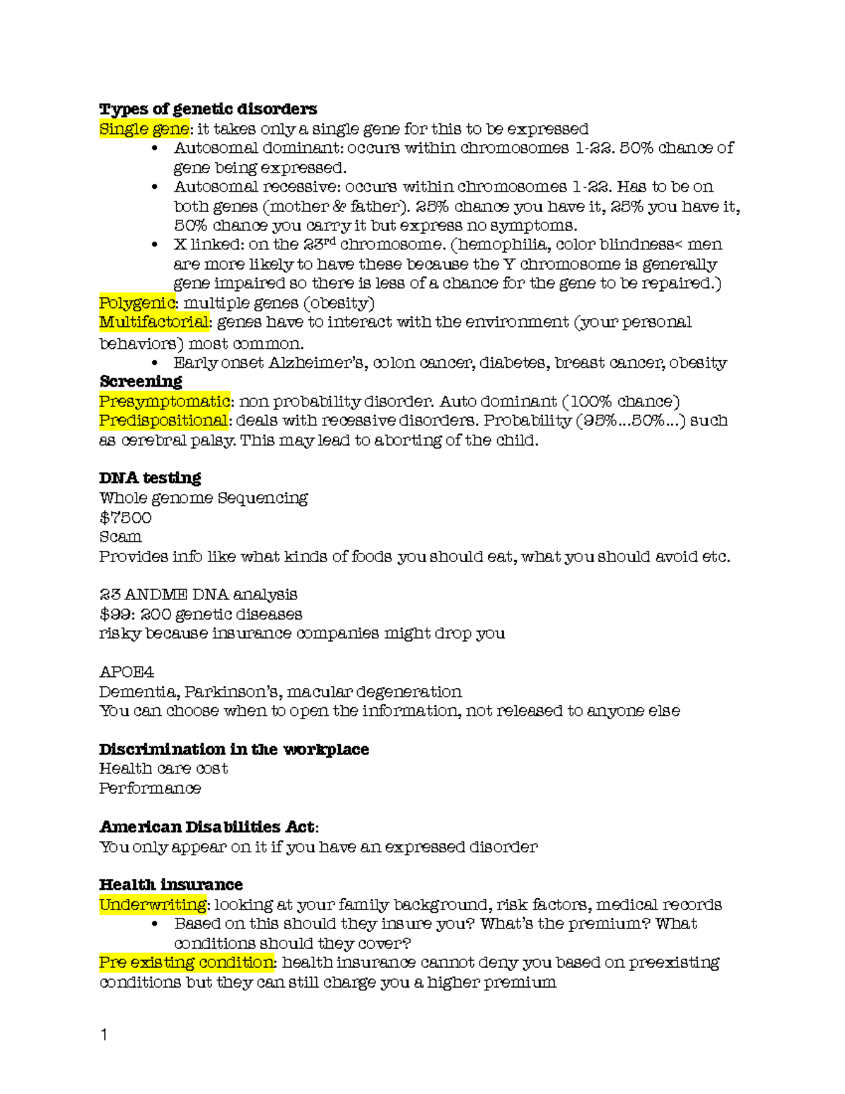 Exam 1 Health for Living Notes - Types of genetic disorders Single gene ...