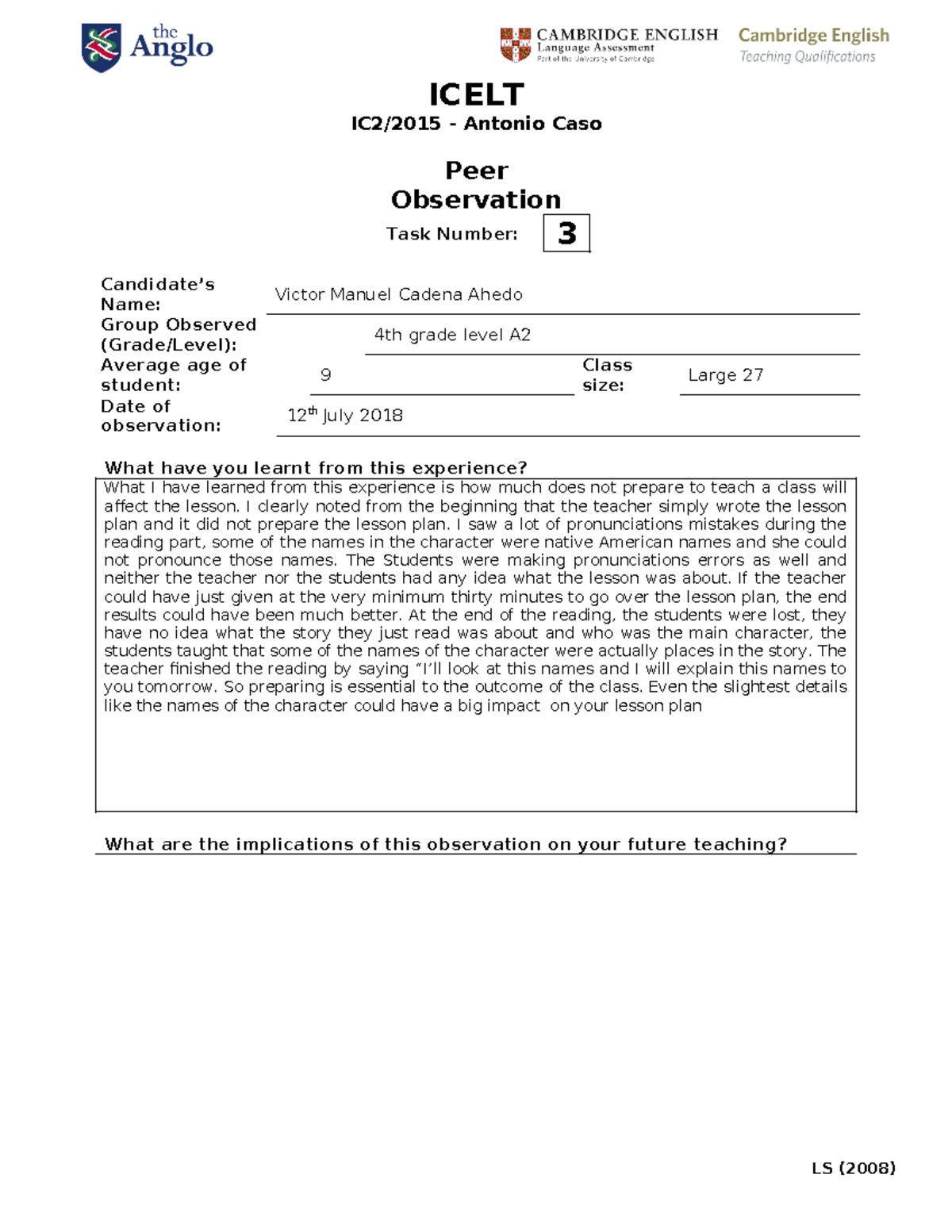 Icelt Peer Observation Task 3 - ICELT IC2/2015 - Antonio Caso Peer Observation Task Number: 3 ...