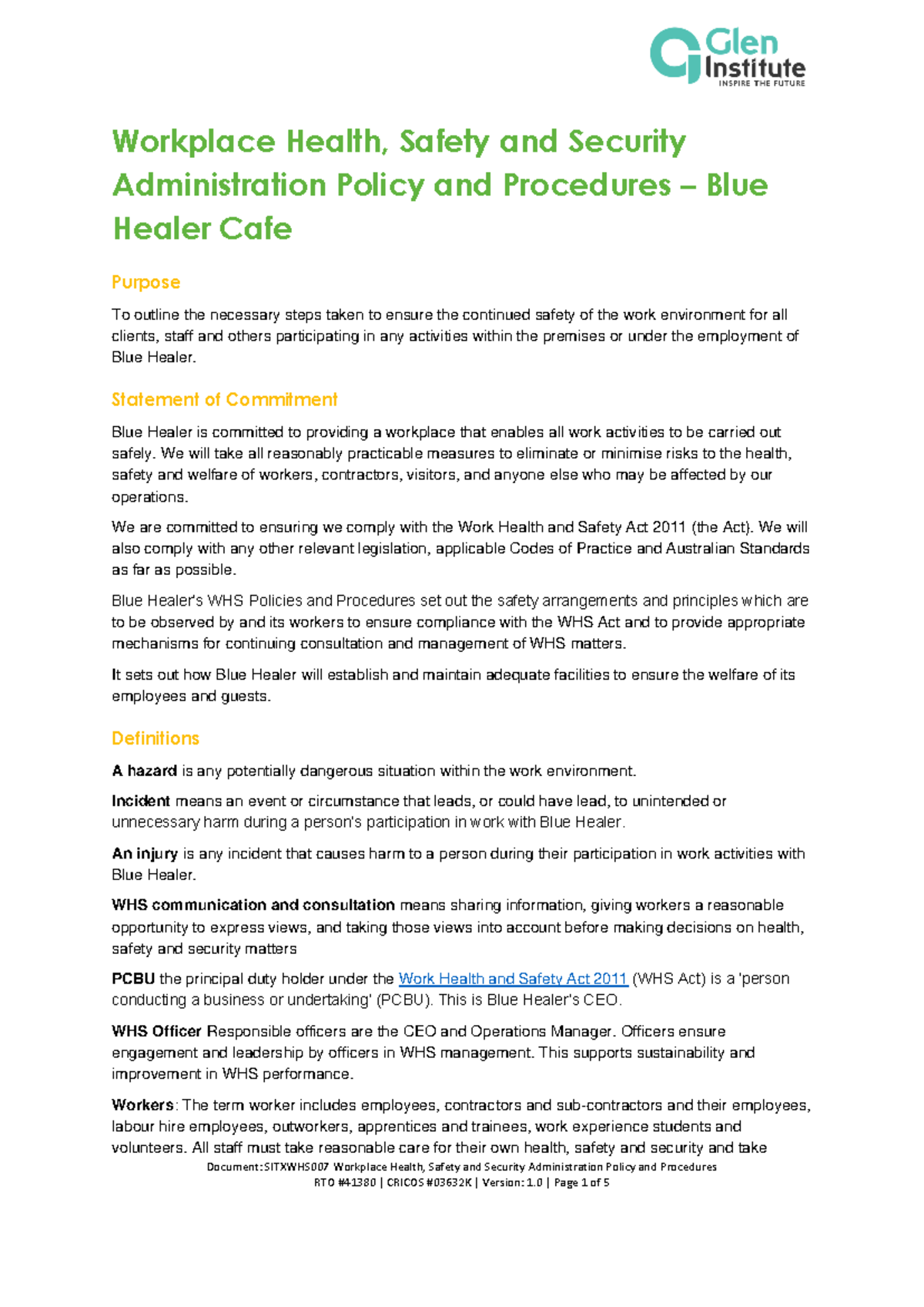 WHS Security Admin Policy and Procedure - Document: SITXWHS007 ...