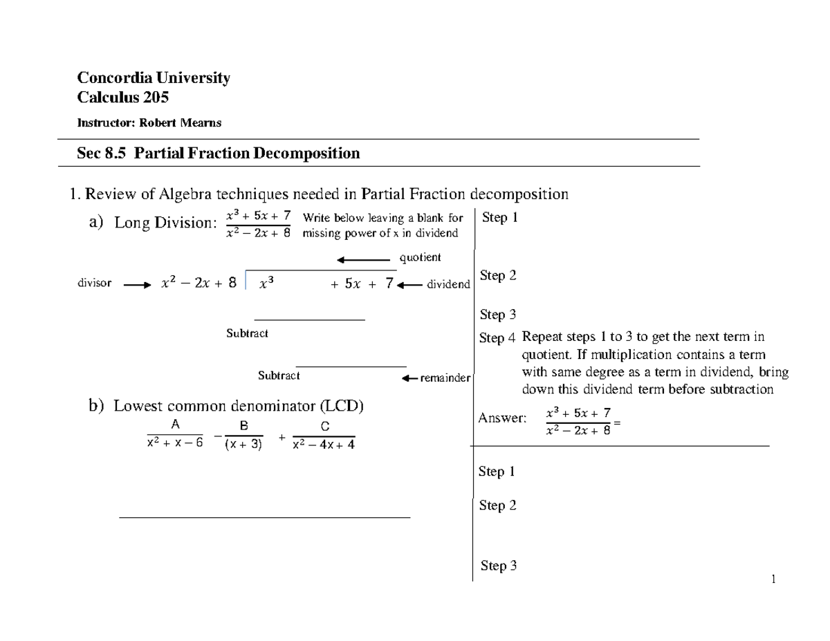 Note Outline Sec 8.5 Partial Fractions - Concordia University Calculus ...