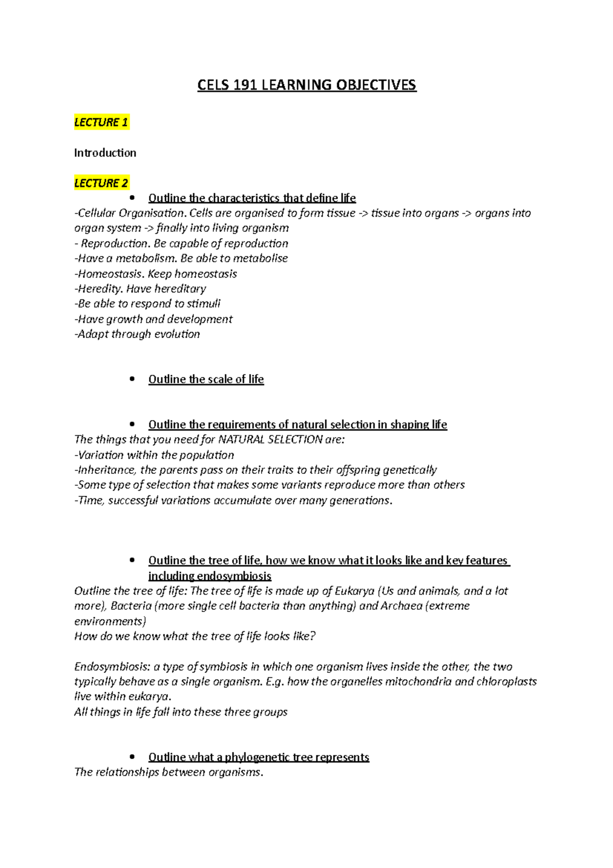 CELS191 Learning Objectives - CELS 191 LEARNING OBJECTIVES LECTURE 1 ...