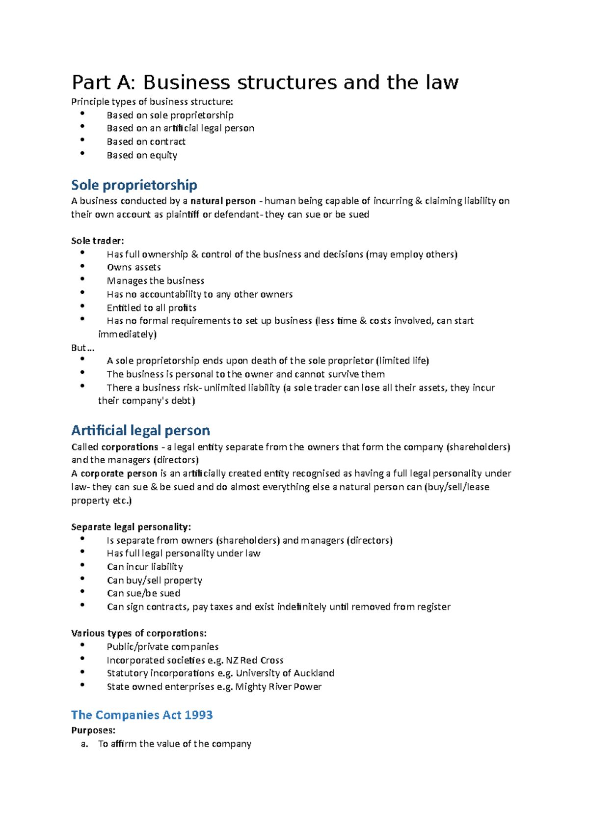 5. Business Structures & Concepts - Part A: Business structures and the ...