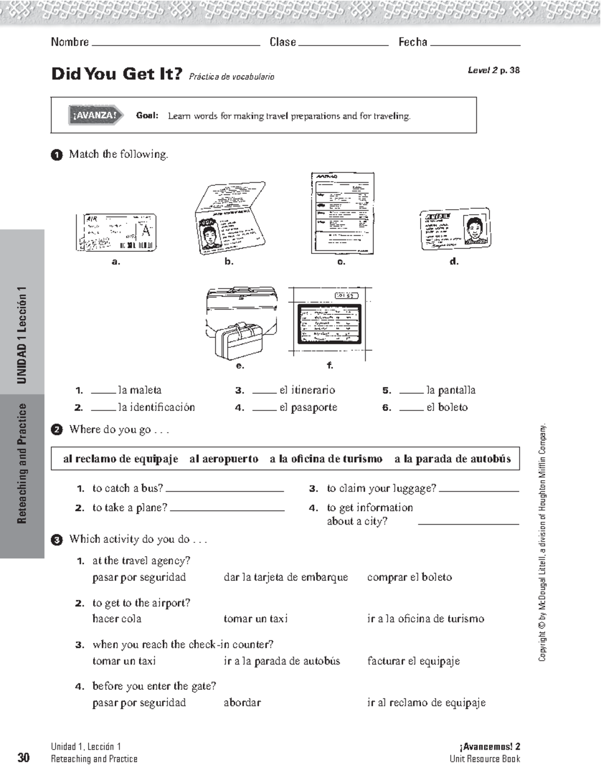U1-L1 DYGI Vocabulario - Nombre Clase Fecha Copyright © by McDougal ...