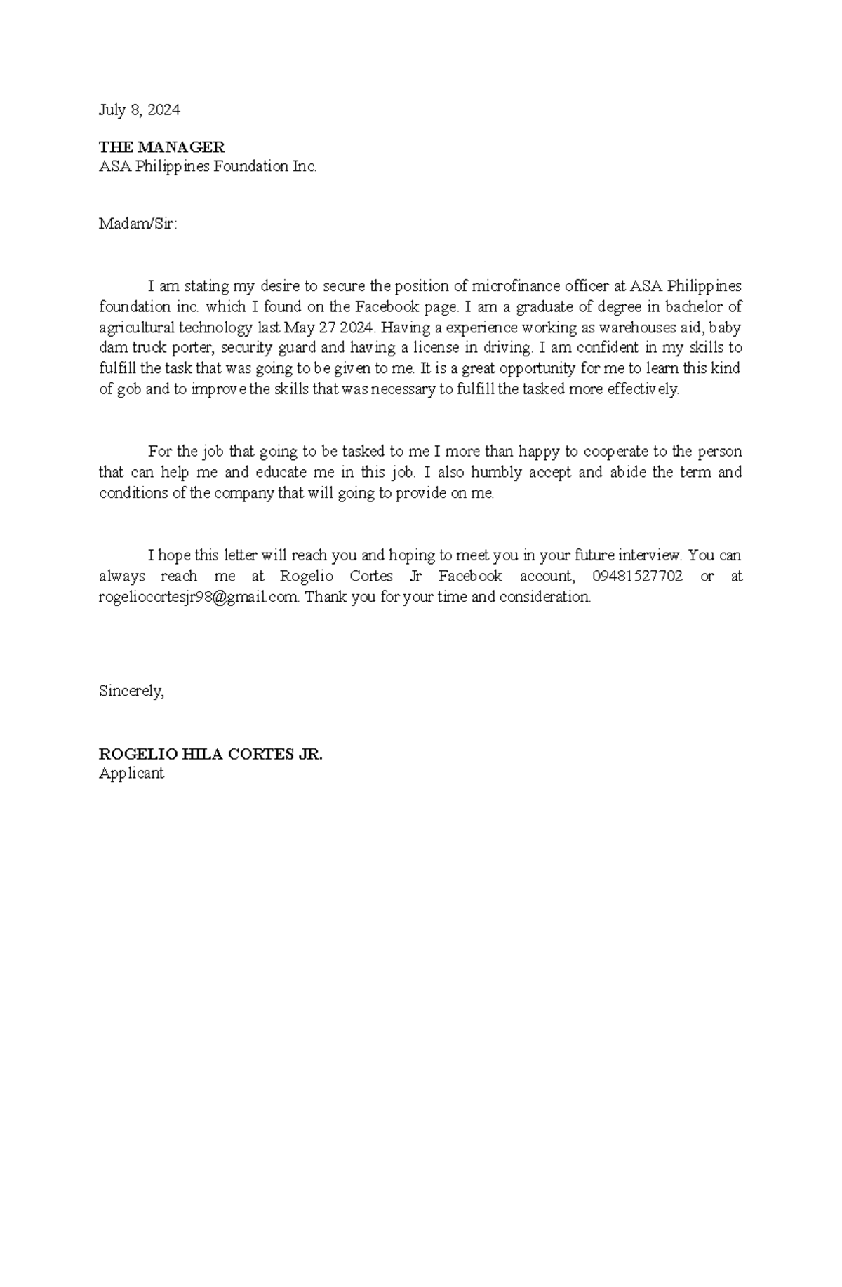 Rogelio Application Letter - July 8, 2024 THE MANAGER ASA Philippines ...