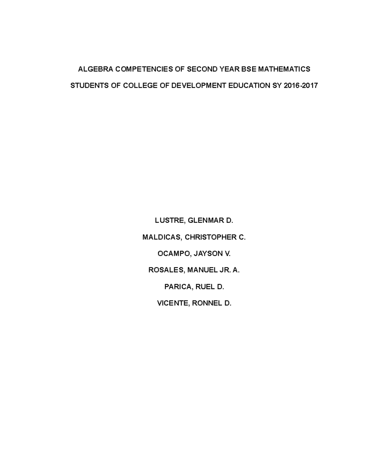 Final Revised Research Yeah - ALGEBRA COMPETENCIES OF SECOND YEAR BSE ...