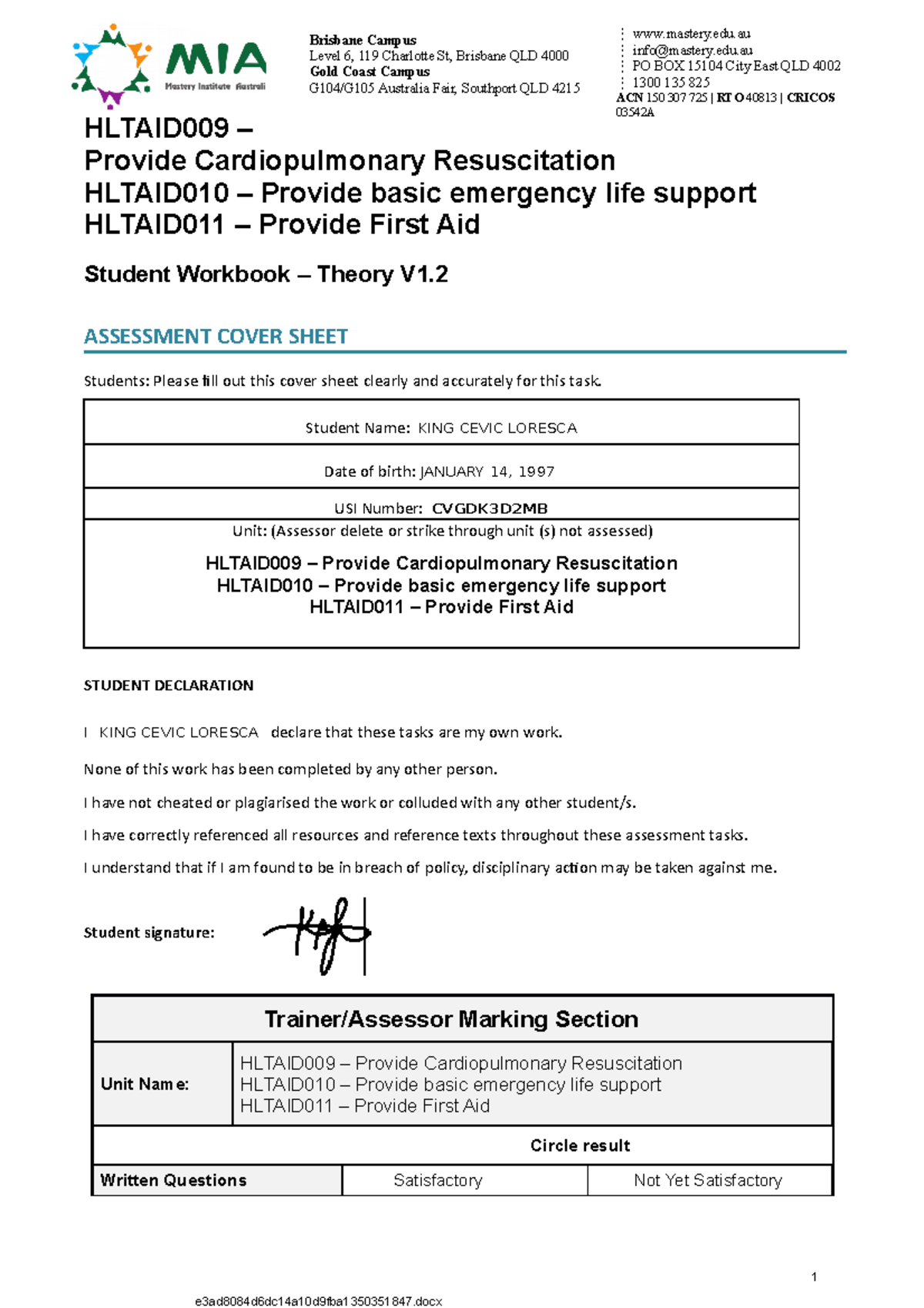 Hltaid 009 011Theory assessment V1 - HLTAID009 – Provide ...