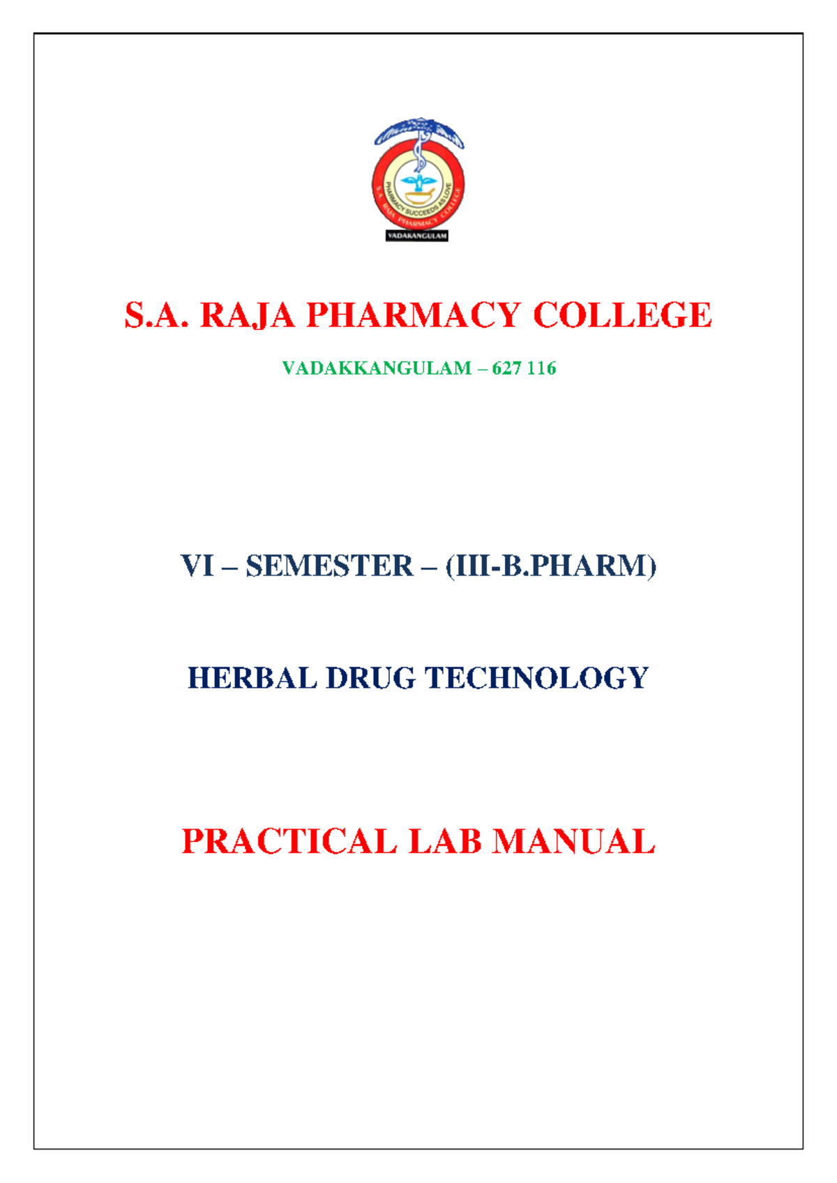 HDT - HDT practical manual - S. RAJA PHARMACY COLLEGE VADAKKANGULAM ...