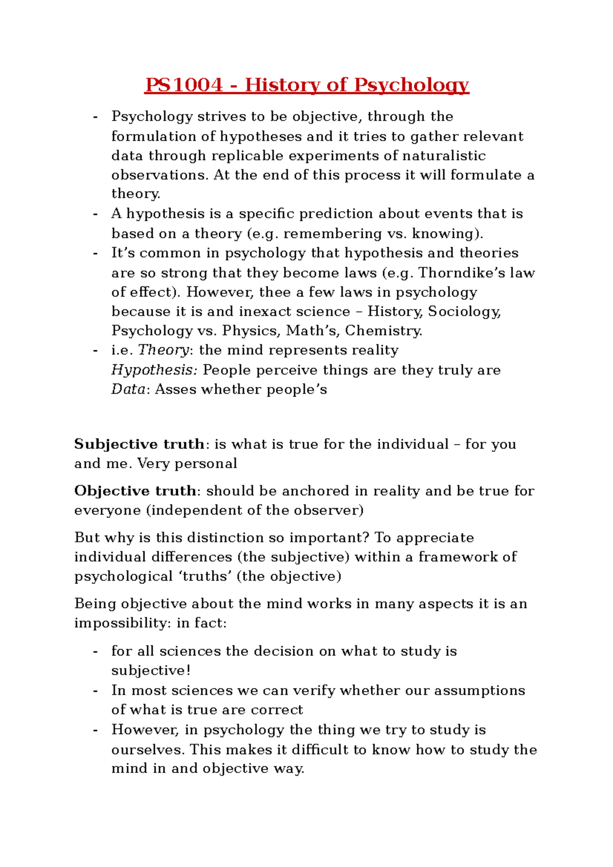 History of Psychology - Lecture notes All of them - PS1004 - History of ...