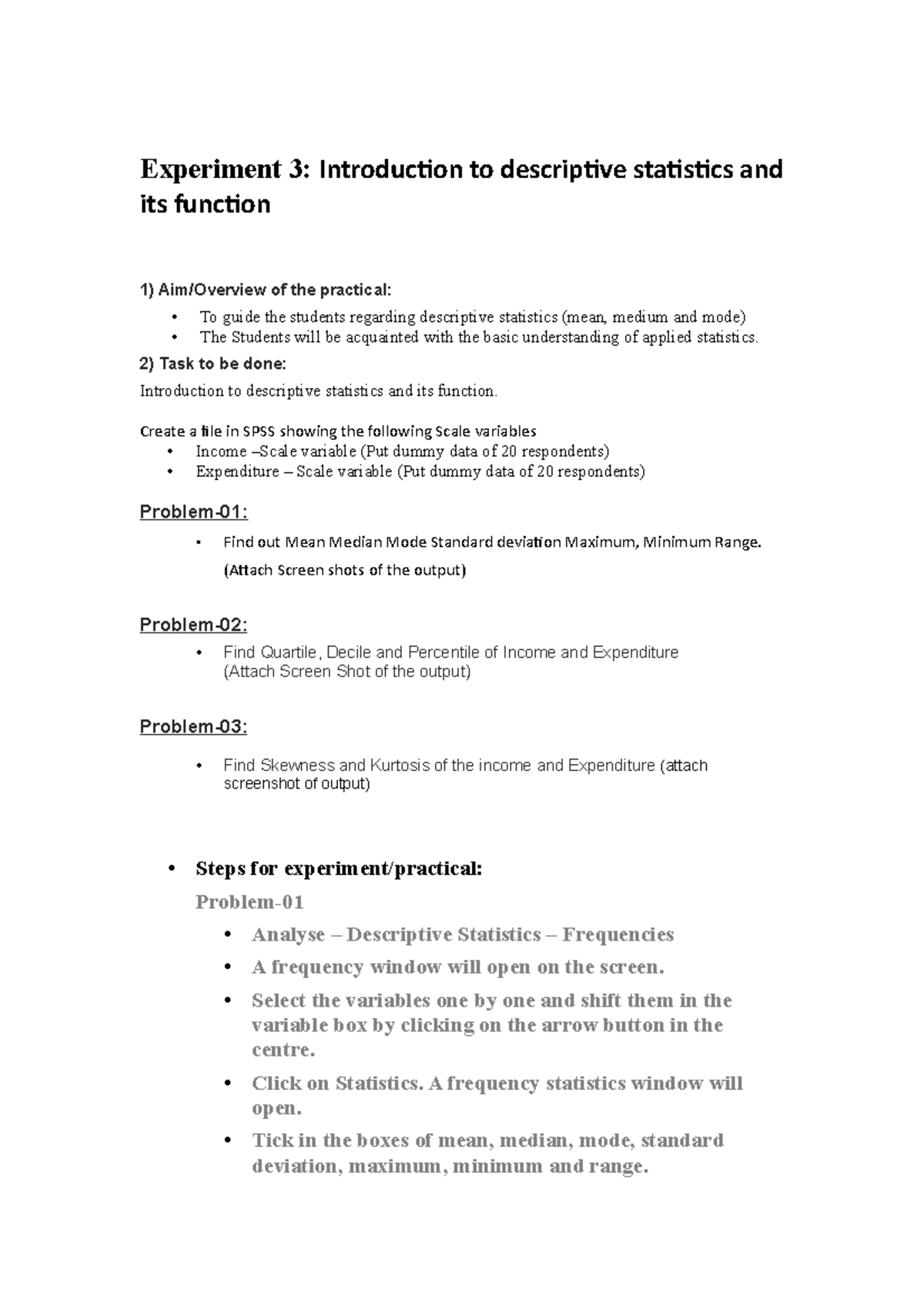 SPSS Worksheet descriptive statistics worksheet - Experiment 3 ...