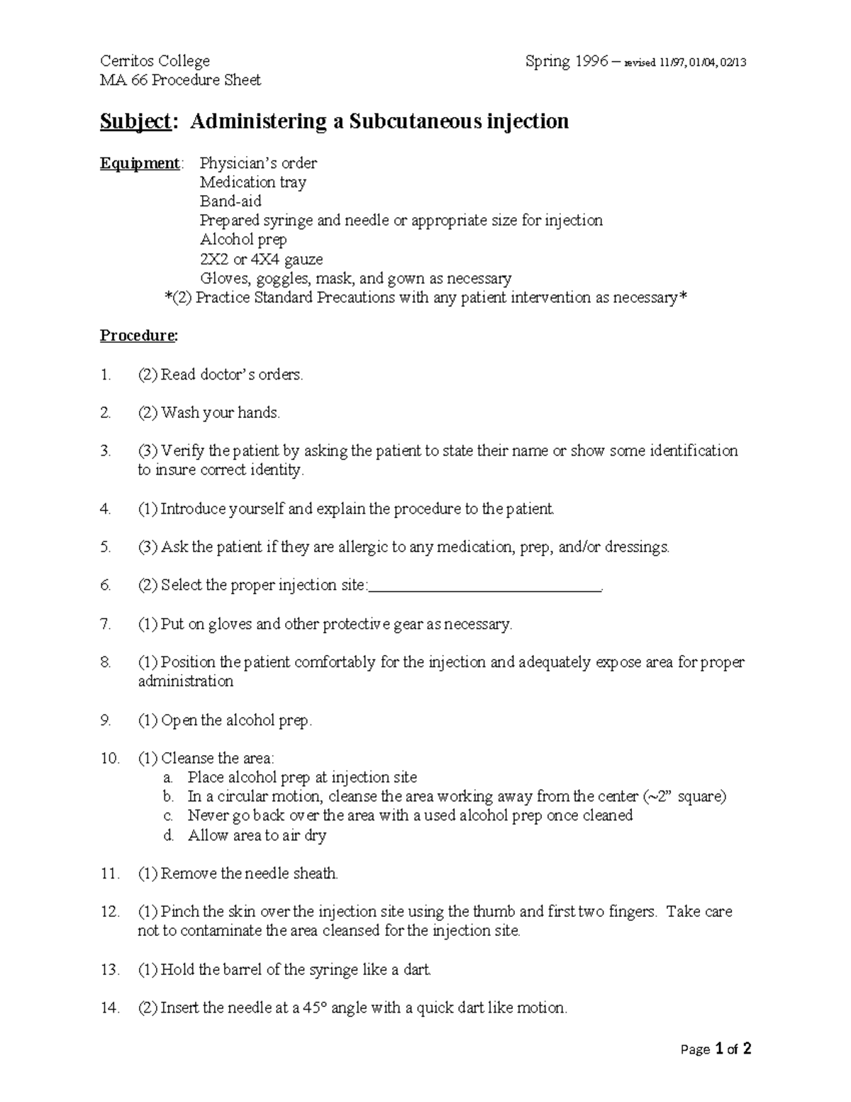 Administering a Subcutaneous Injection Procedure - Cerritos College ...