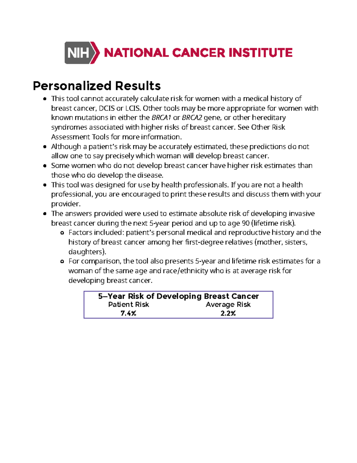 Margie - Breast Cancer Risk Assessment Calculator - NCI - Personalized ...