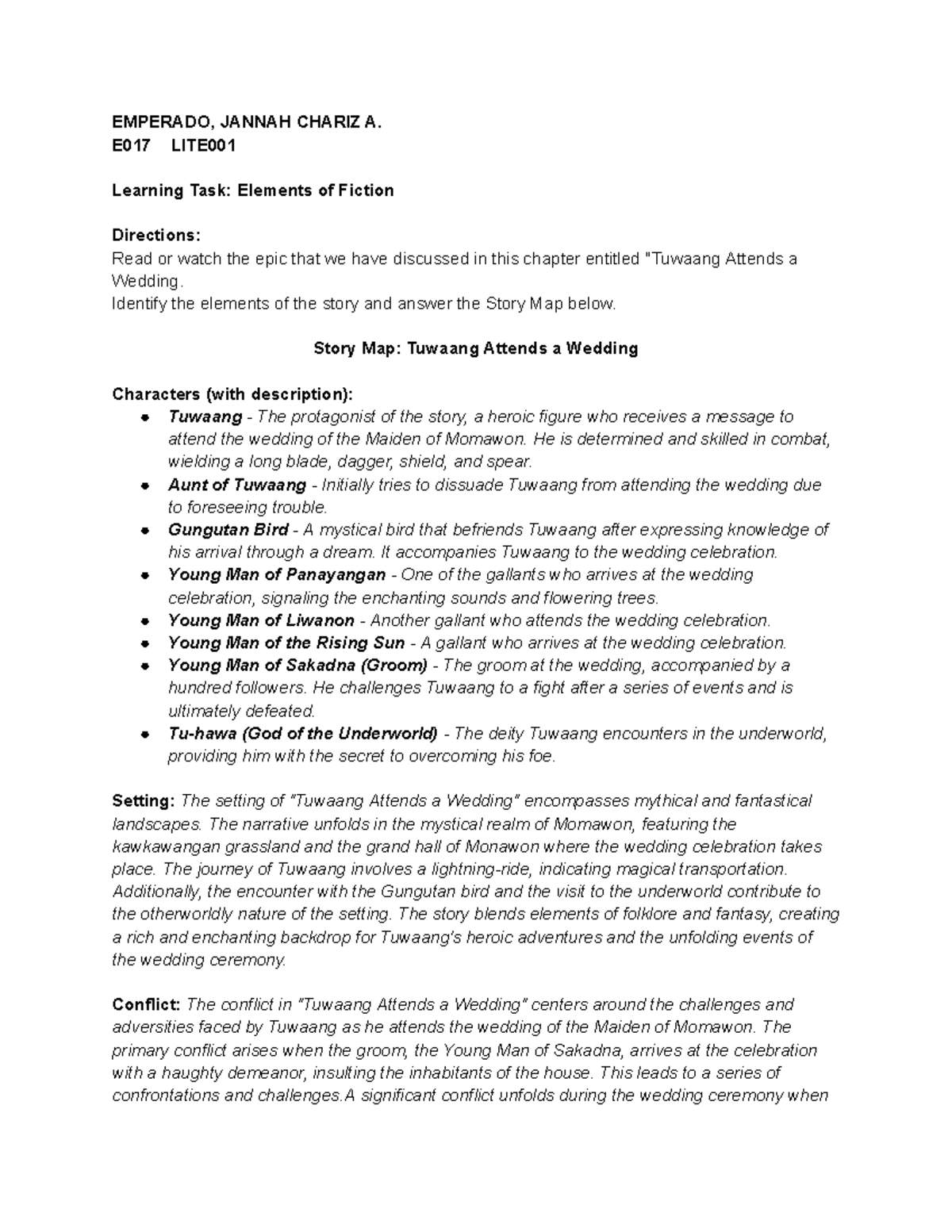 Activity Chapter 10 - EMPERADO, JANNAH CHARIZ A. E017 LITE Learning Task: Elements of Fiction ...