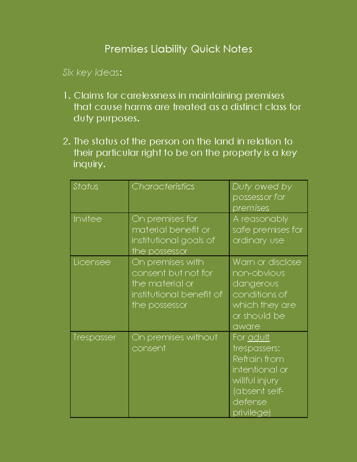 Premises Liability Study Guide Update - Premises Liability Quick Notes ...