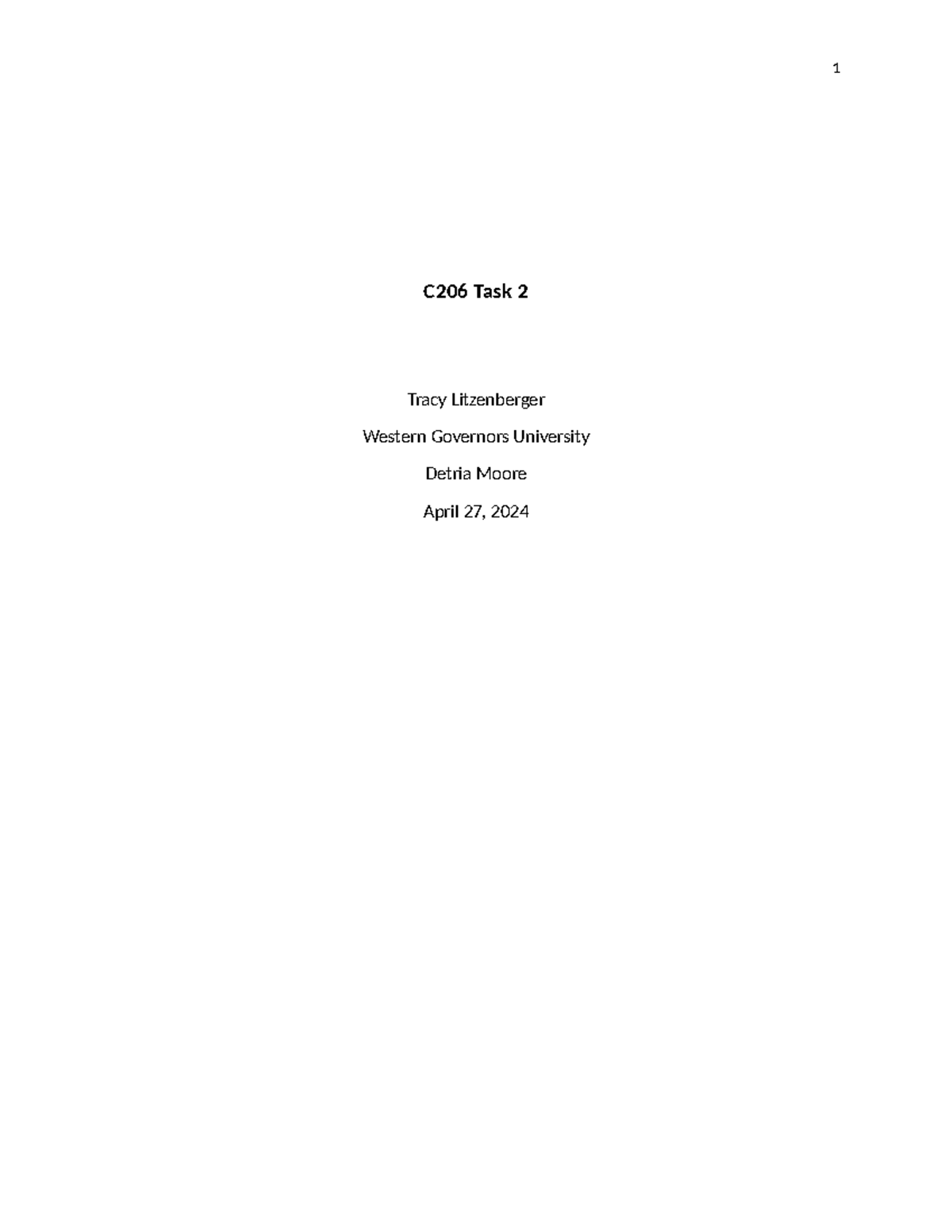 C206 Task 2 - C206 Task 2 Tracy Litzenberger Western Governors ...