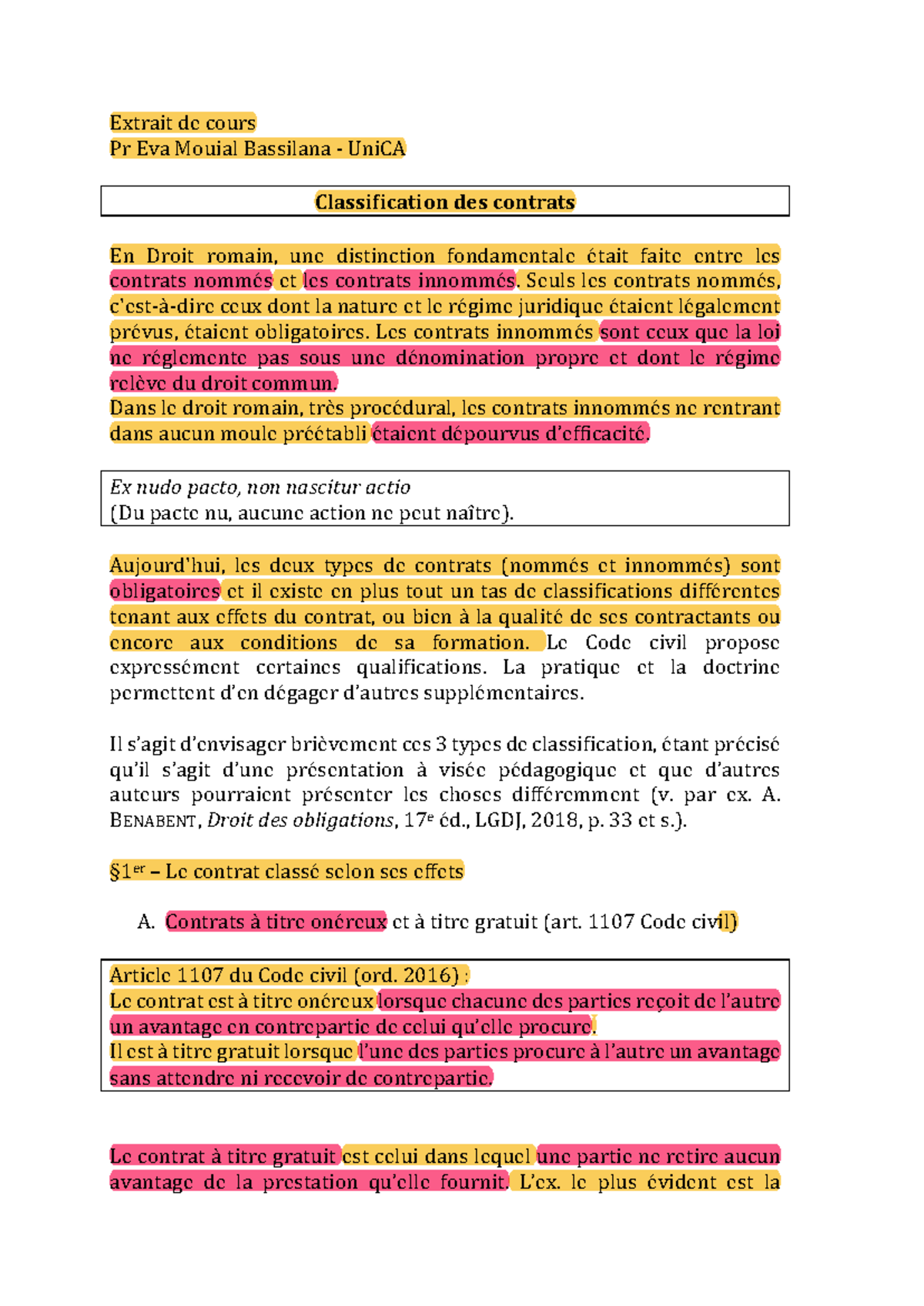 La classification des contrats - Extrait de cours Pr Eva Mouial ...