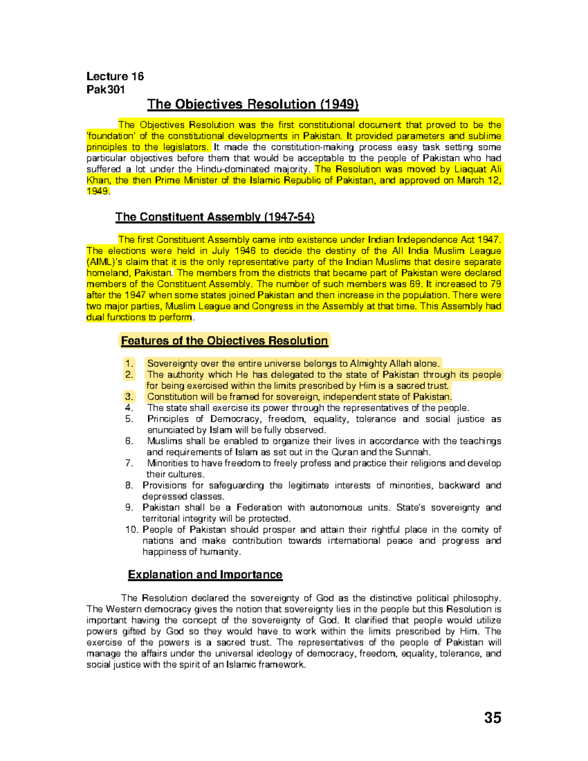 PAK301 highlighted Handouts - Lecture 16 Pak The Objectives Resolution ...