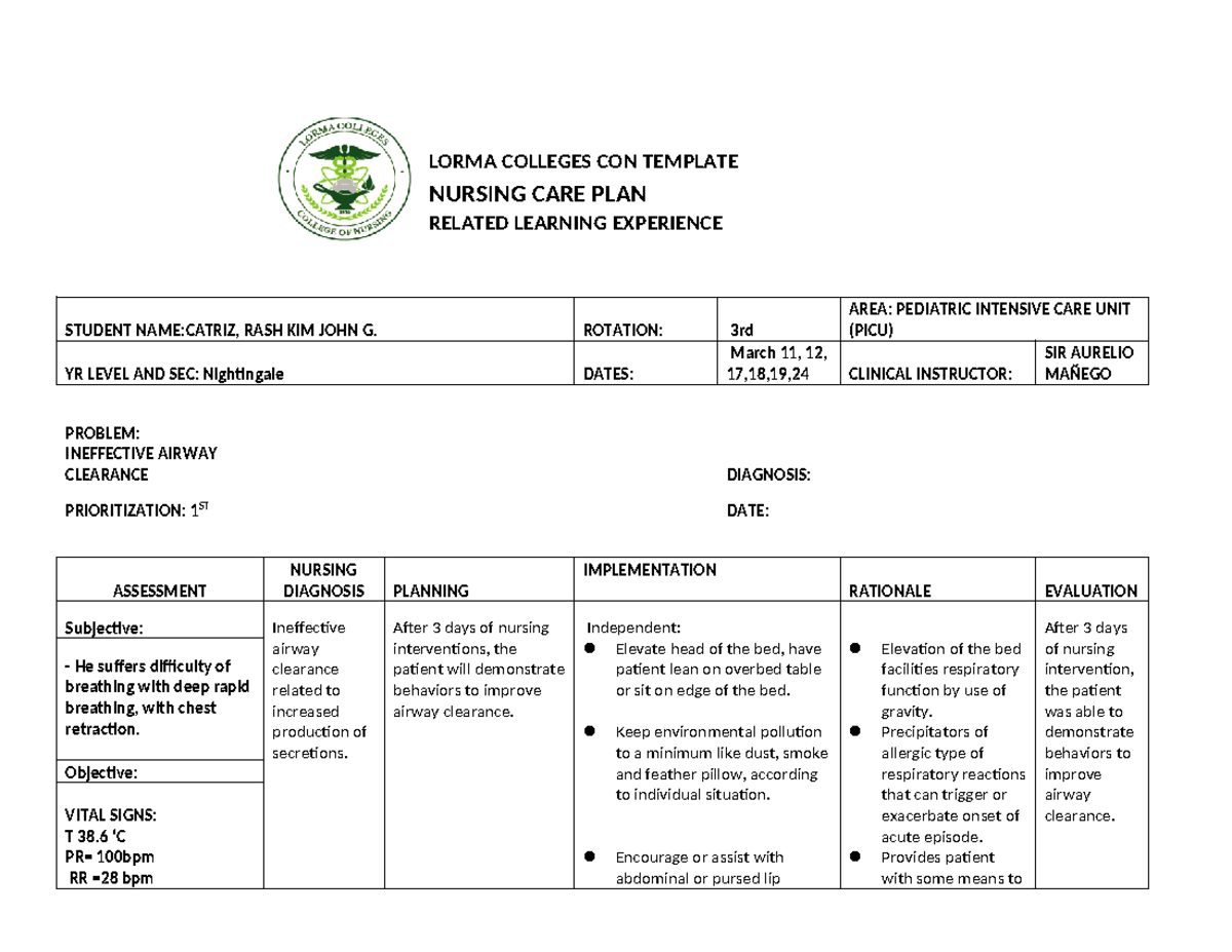 NCP-RASH-KIM - NURSING CARE PLAN ACTIVITY - LORMA COLLEGES CON TEMPLATE ...