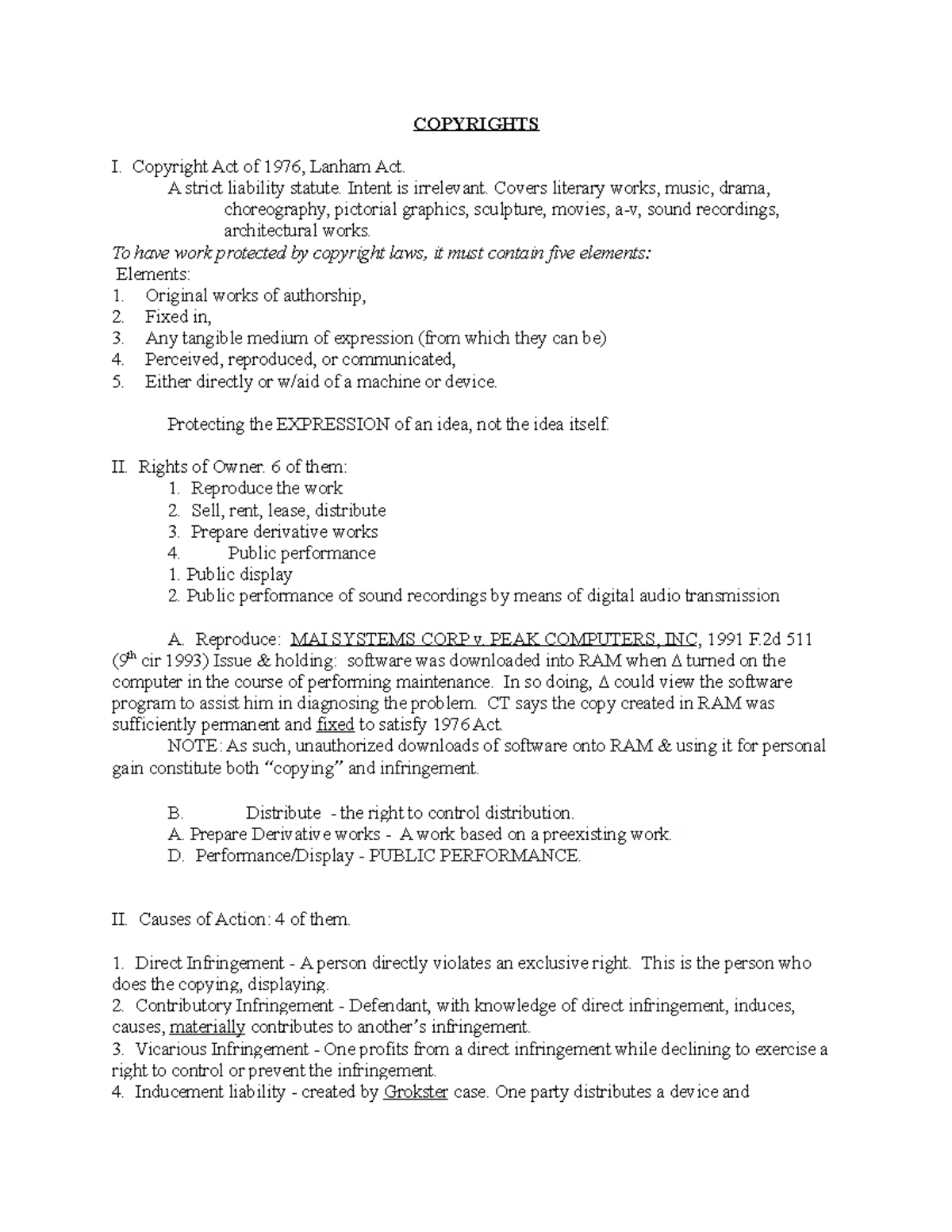 copyright notes - COPYRIGHTS I. Copyright Act of 1976, Lanham Act. A ...