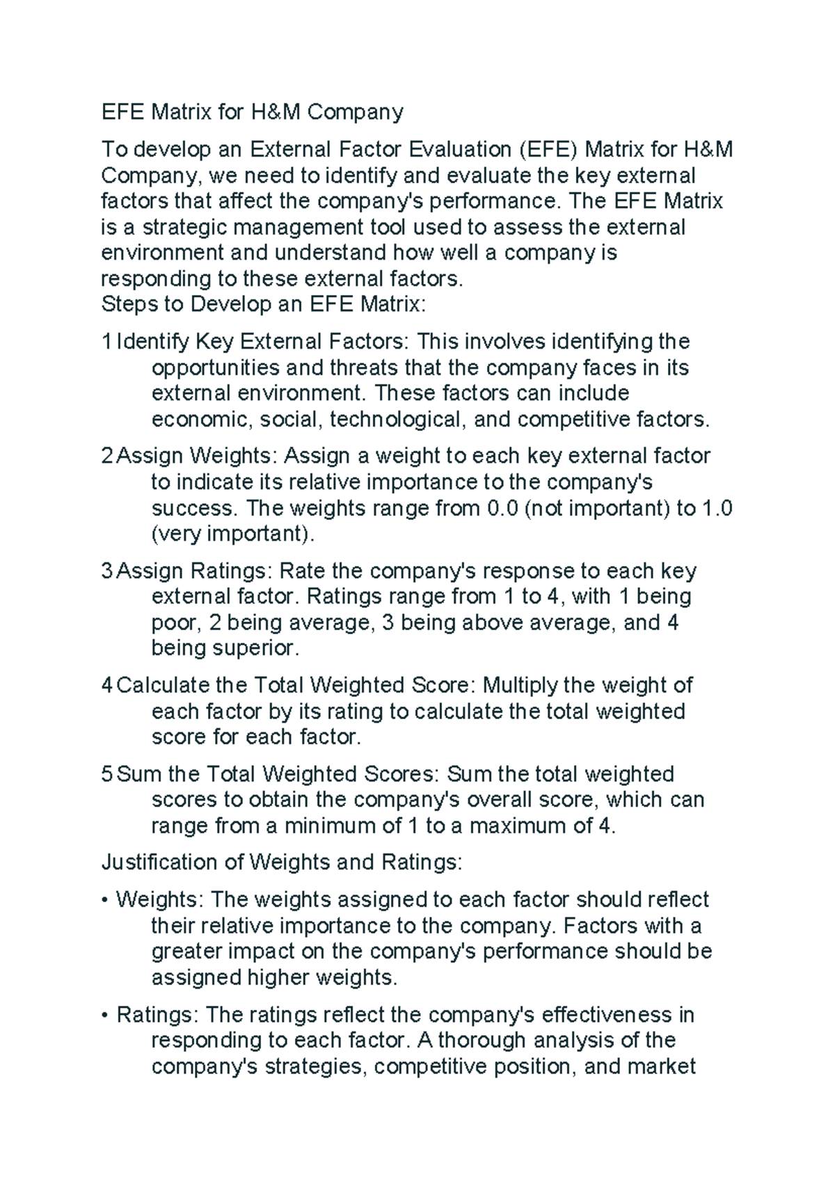 Efe matrex - good - EFE Matrix for H&M Company To develop an External ...
