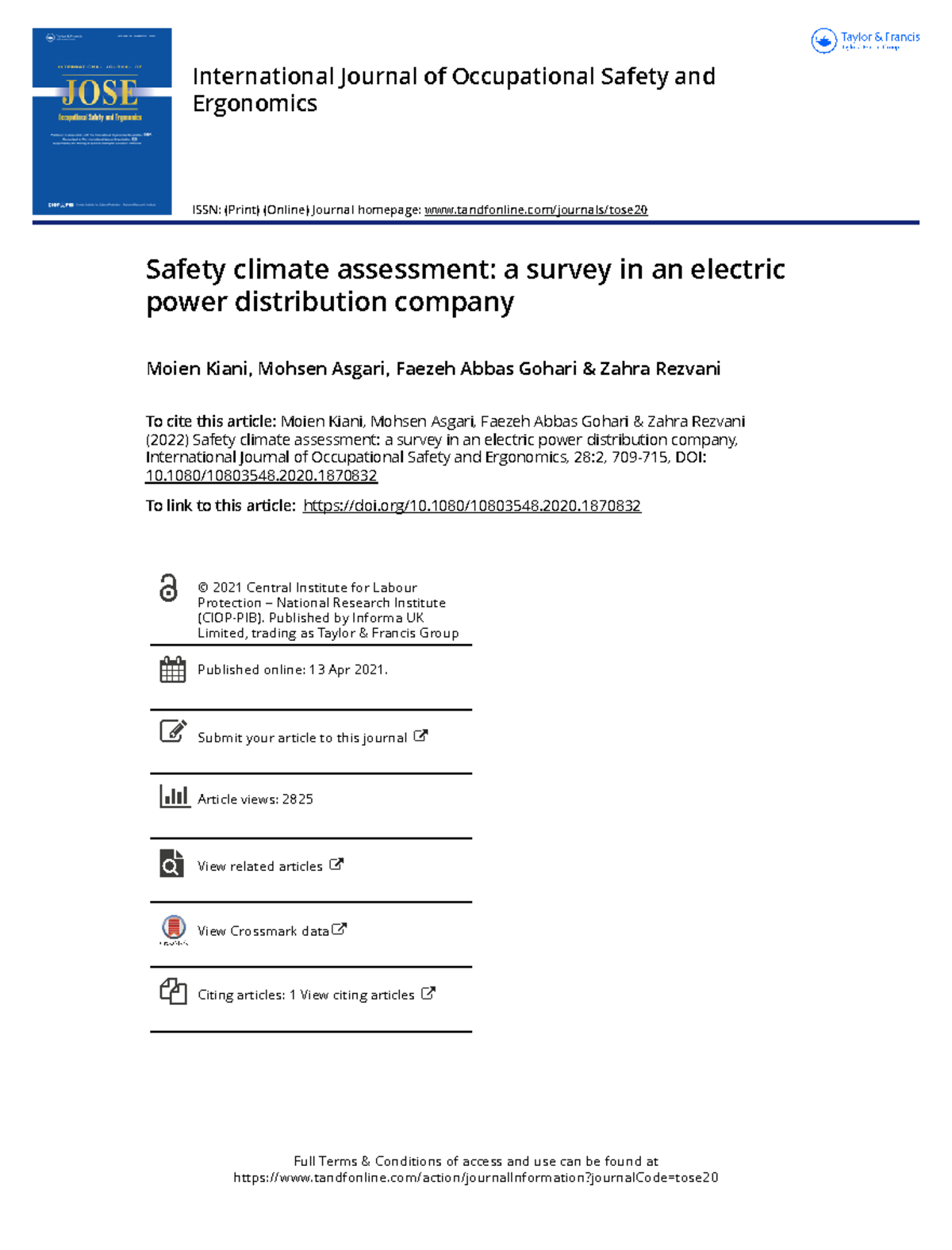 Safety climate assessment a survey in an electric power distribution ...