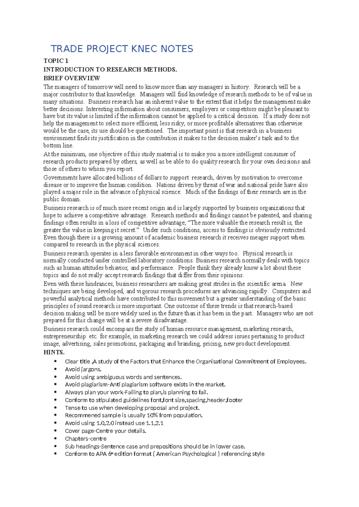 Trade Project KNEC Notes - TRADE PROJECT KNEC NOTES TOPIC 1 ...