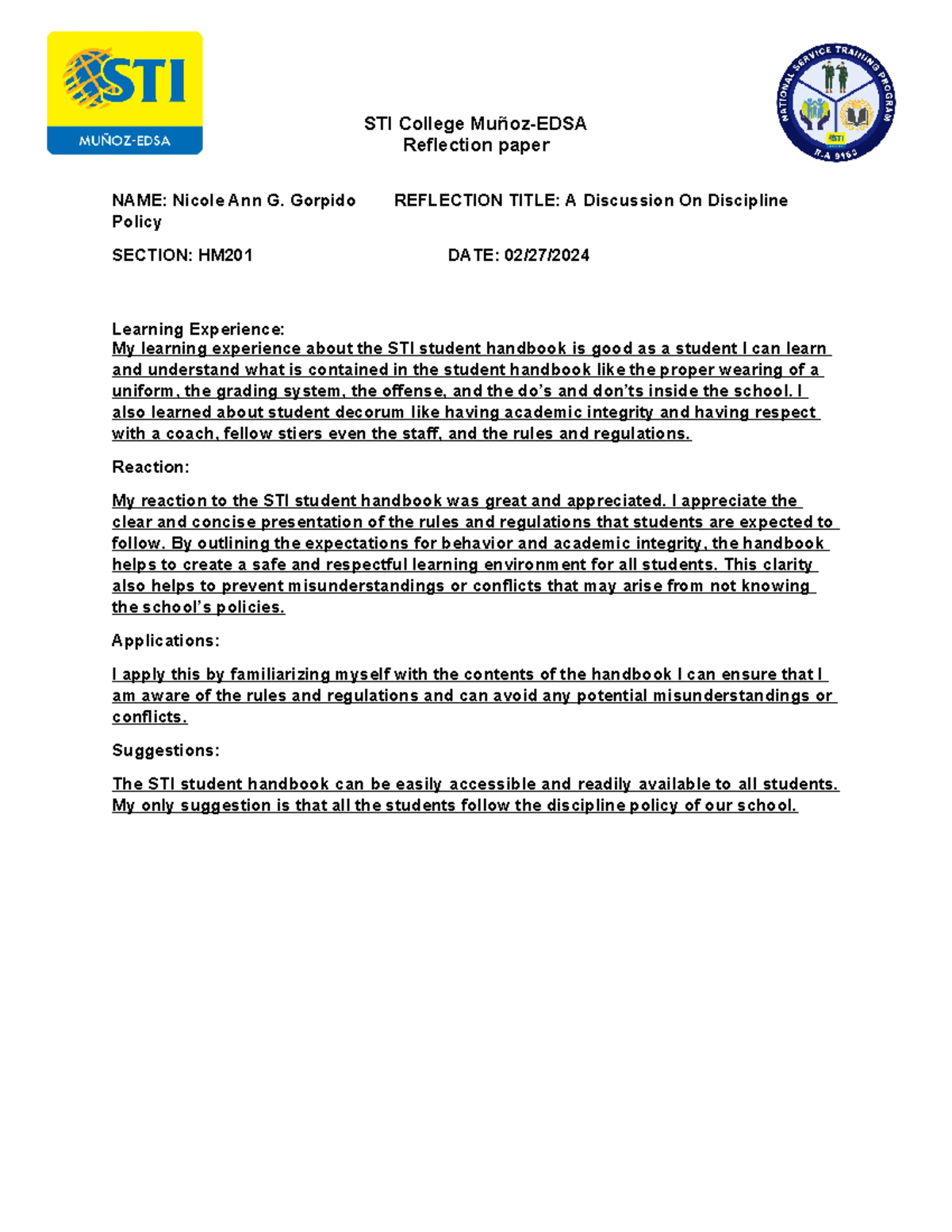 NSTP reflection paper - nstp - STI College Muñoz-EDSA Reflection paper ...