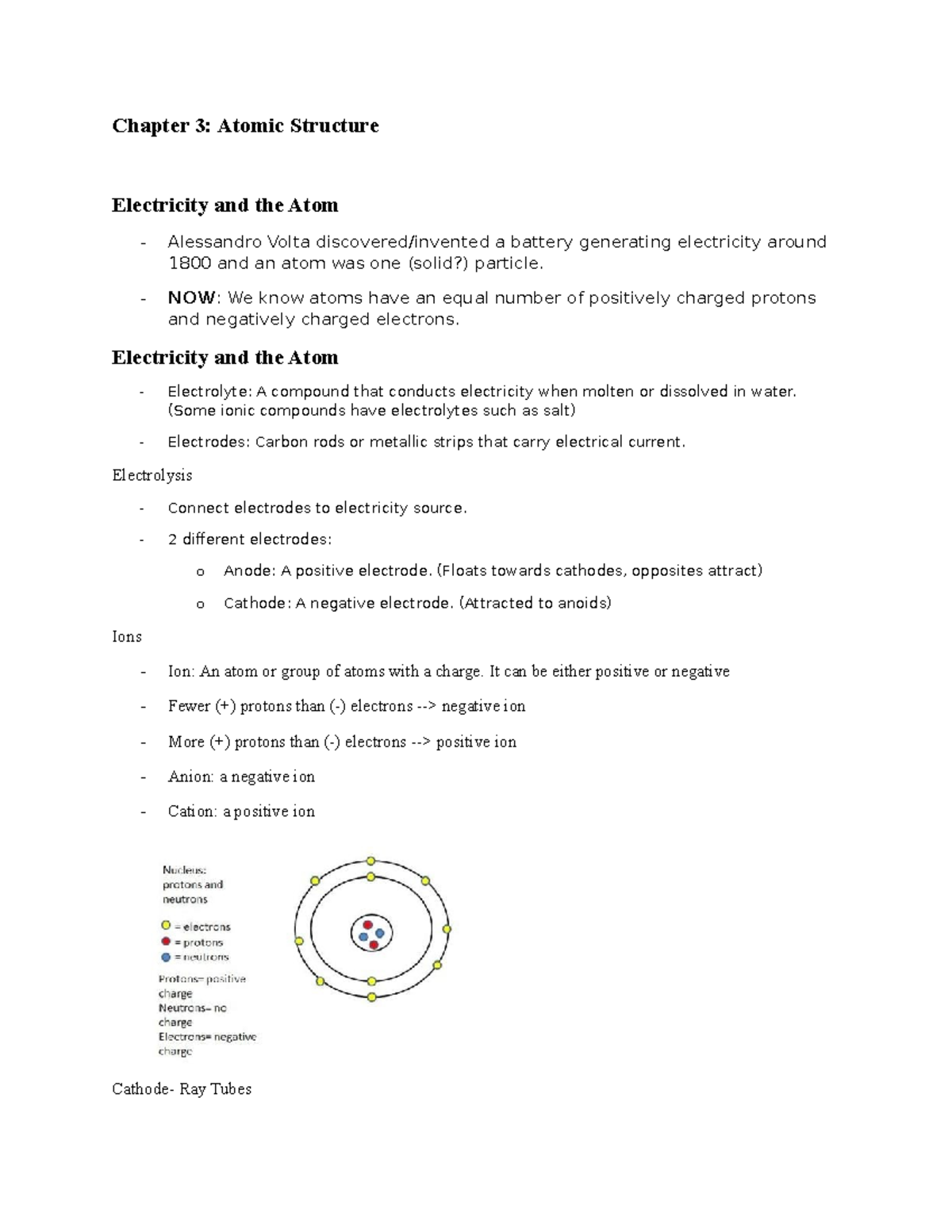 Chem chap 3 notes - Chapter 3: Atomic Structure Electricity and the ...