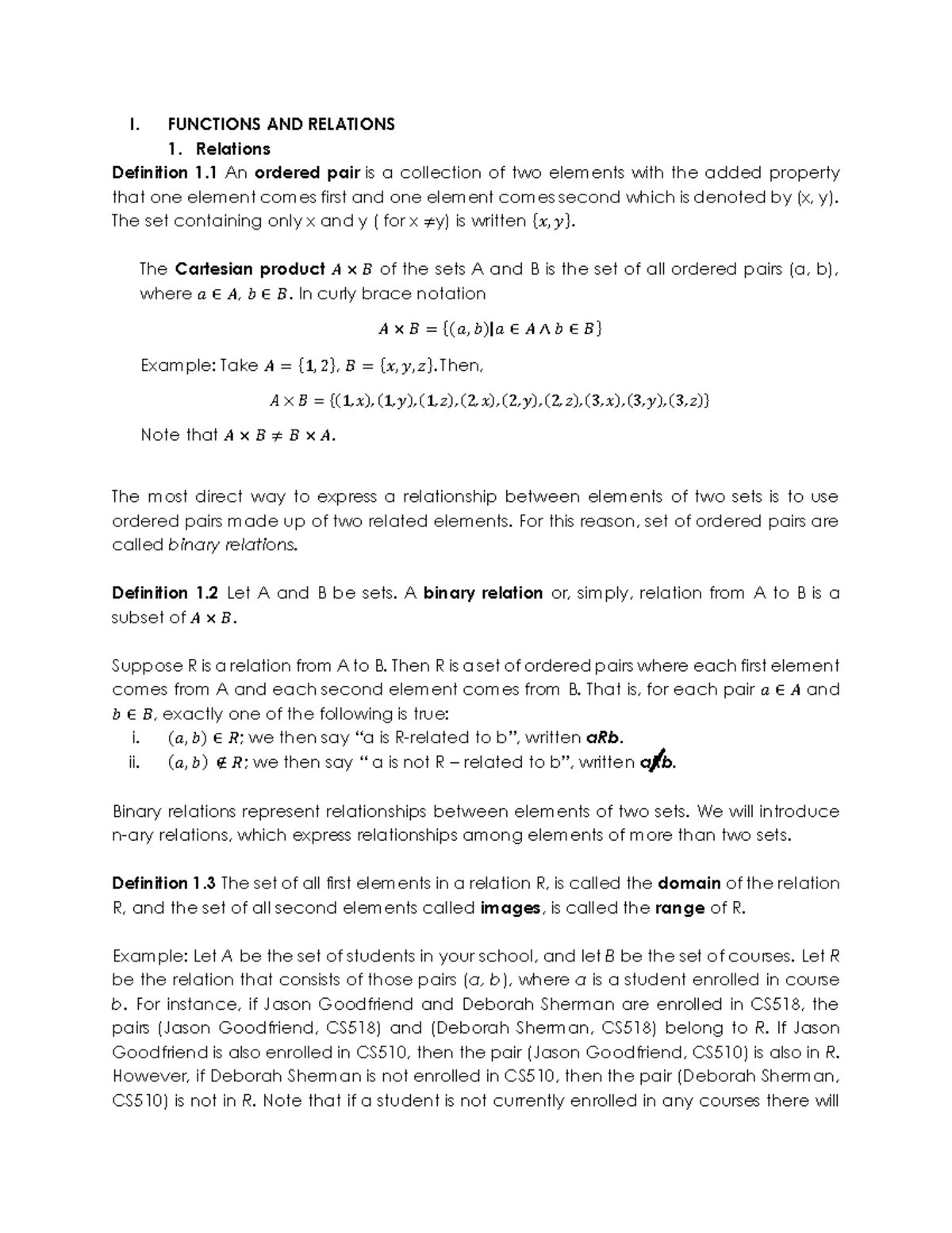 Functions AND Relations - I. FUNCTIONS AND RELATIONS 1. Relations ...