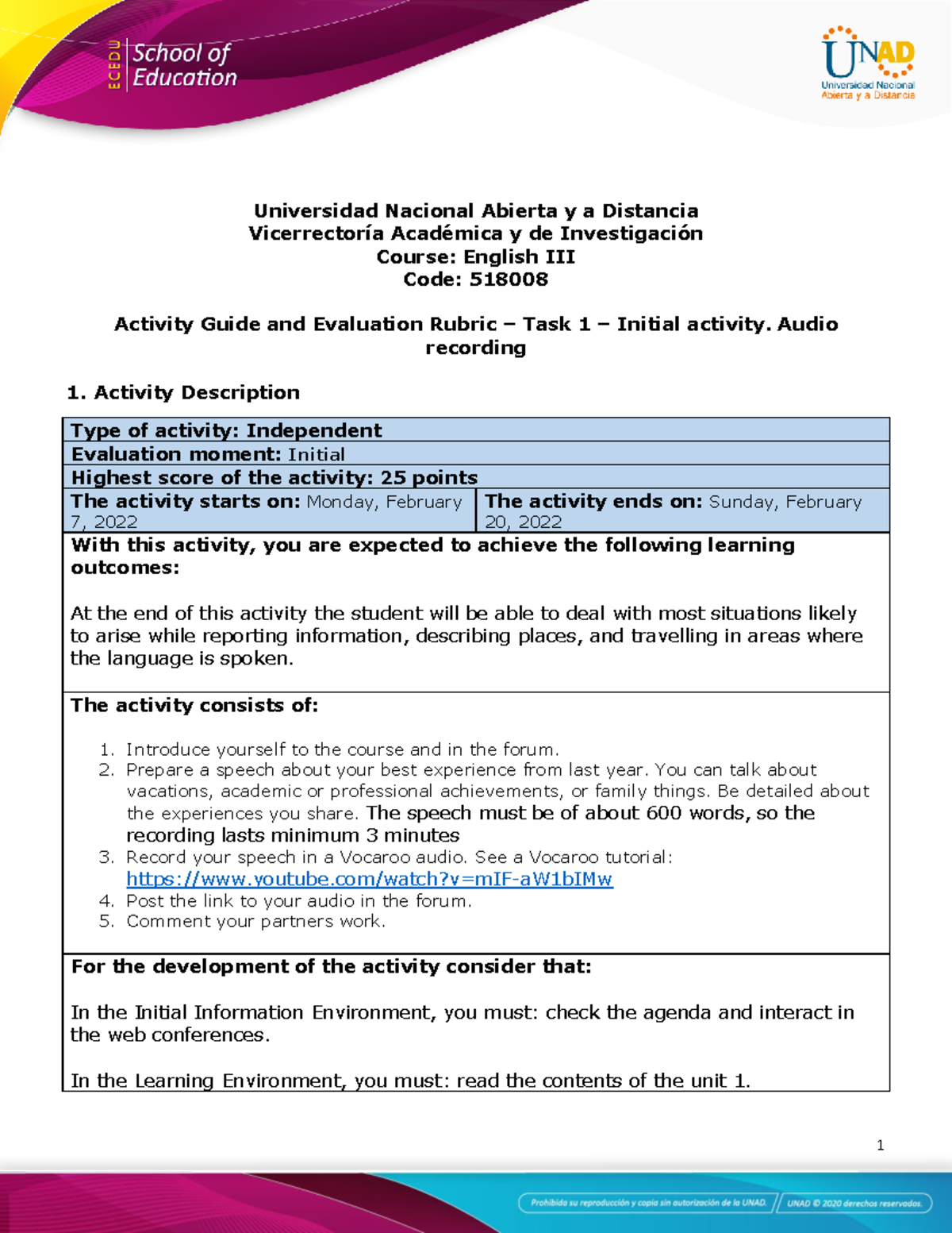 Activity guide and evaluation rubric - Task 1 - Initial activity. Audio ...