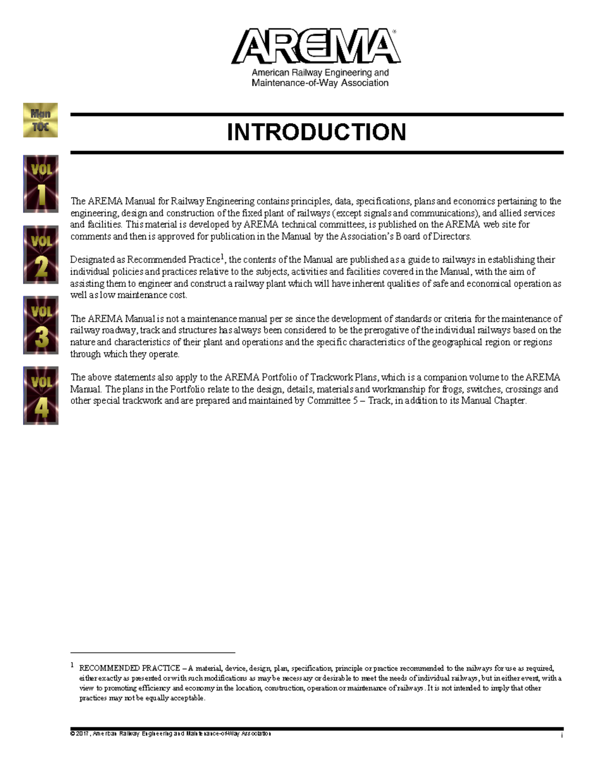 1 0 Intro - Arema 03 - i 1 INTRODUCTION The AREMA Manual for Railway Engineering contains - Studocu