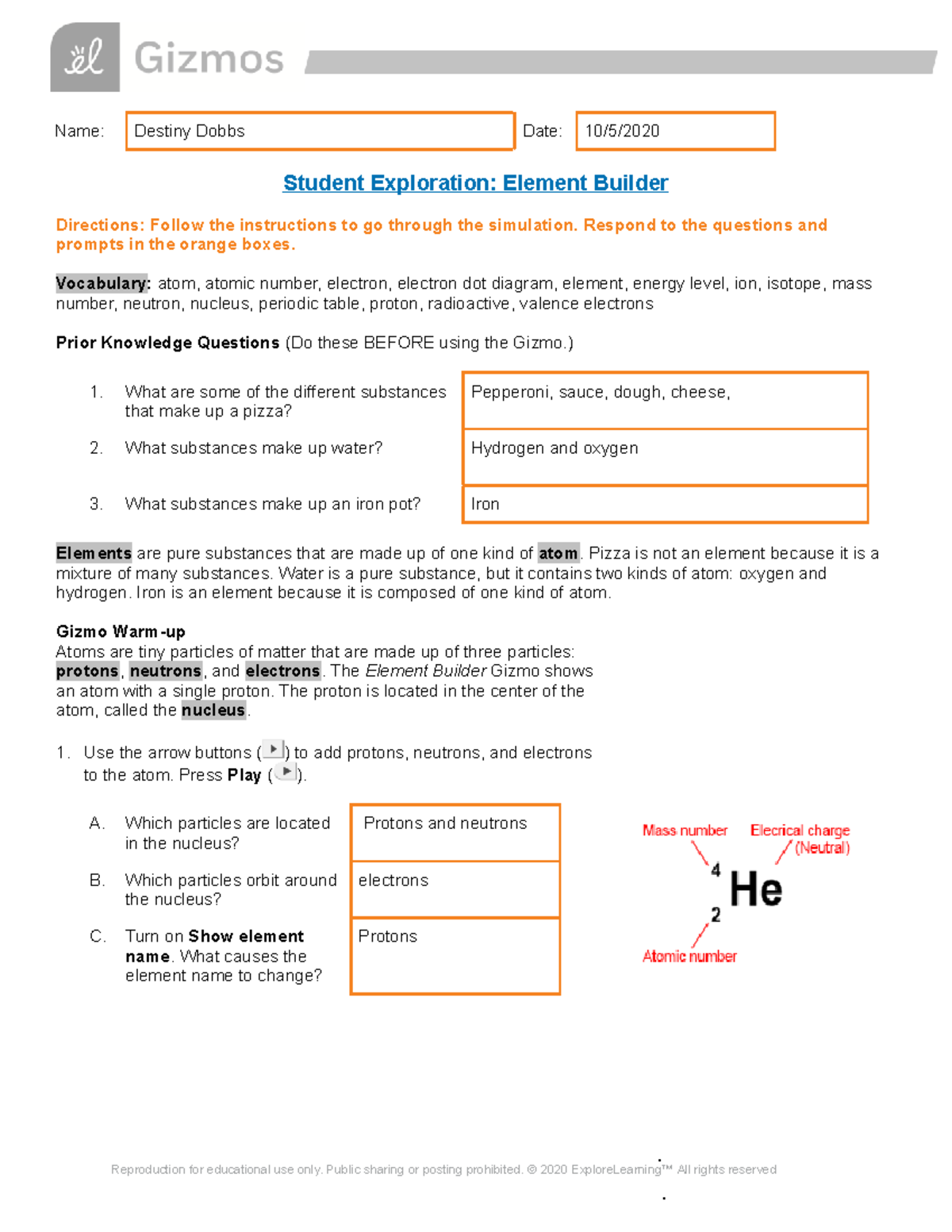 Copy of Element Builder SE - Name: Destiny Dobbs Date: 10/5/ Student ...