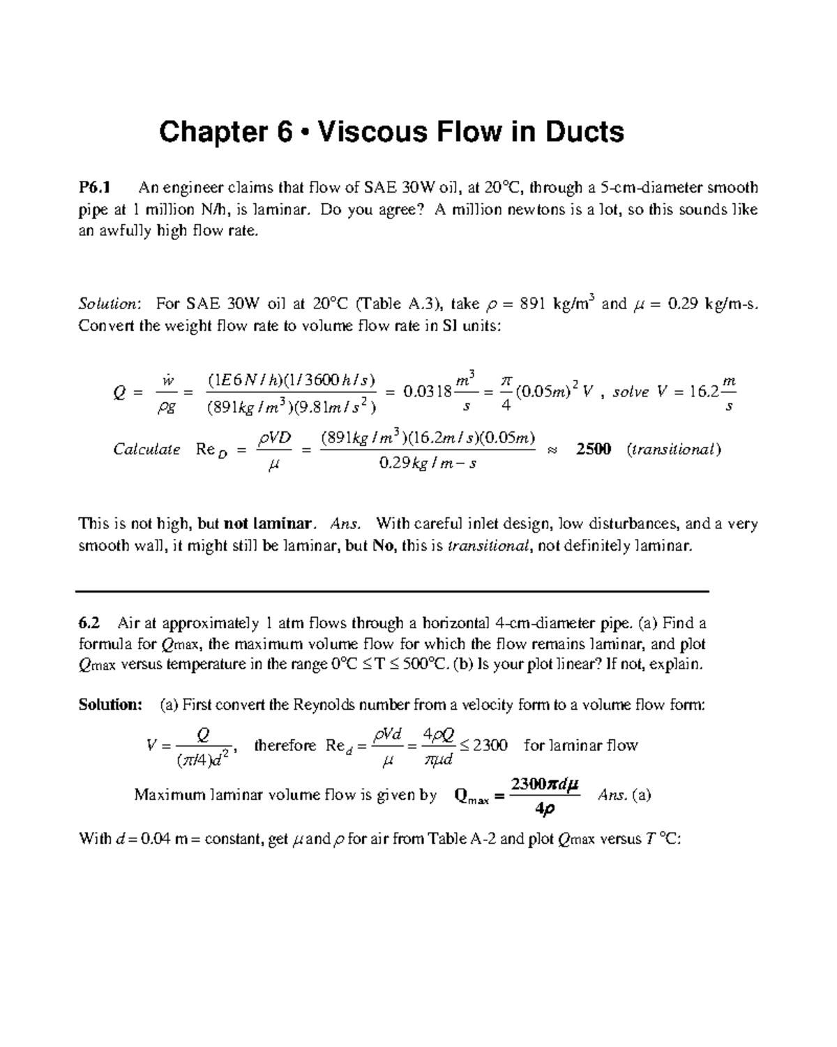 Chapter 6 SM - siks id - Chapter 6 • Viscous Flow in Ducts P6 An ...
