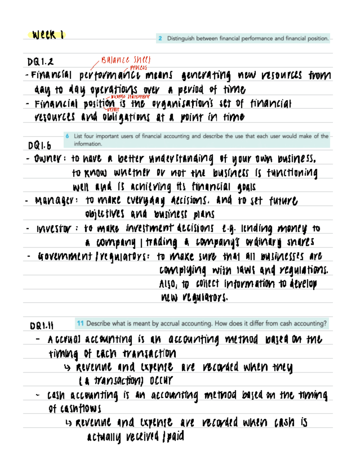 COMM1140 Tutorial Questions - Week I DQ 1 Balance sheet process Financial performance means ...
