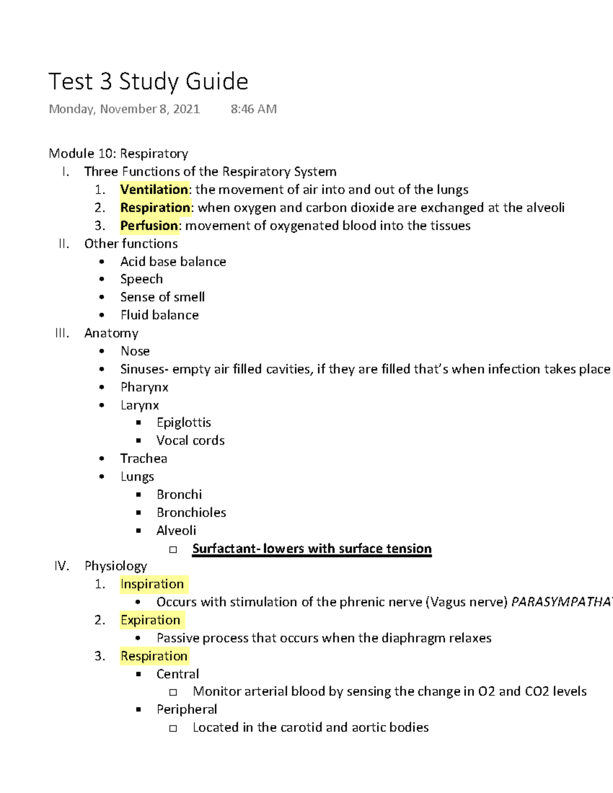 Test 3 Study Guide - Module 10: Respiratory I. Three Functions of the ...