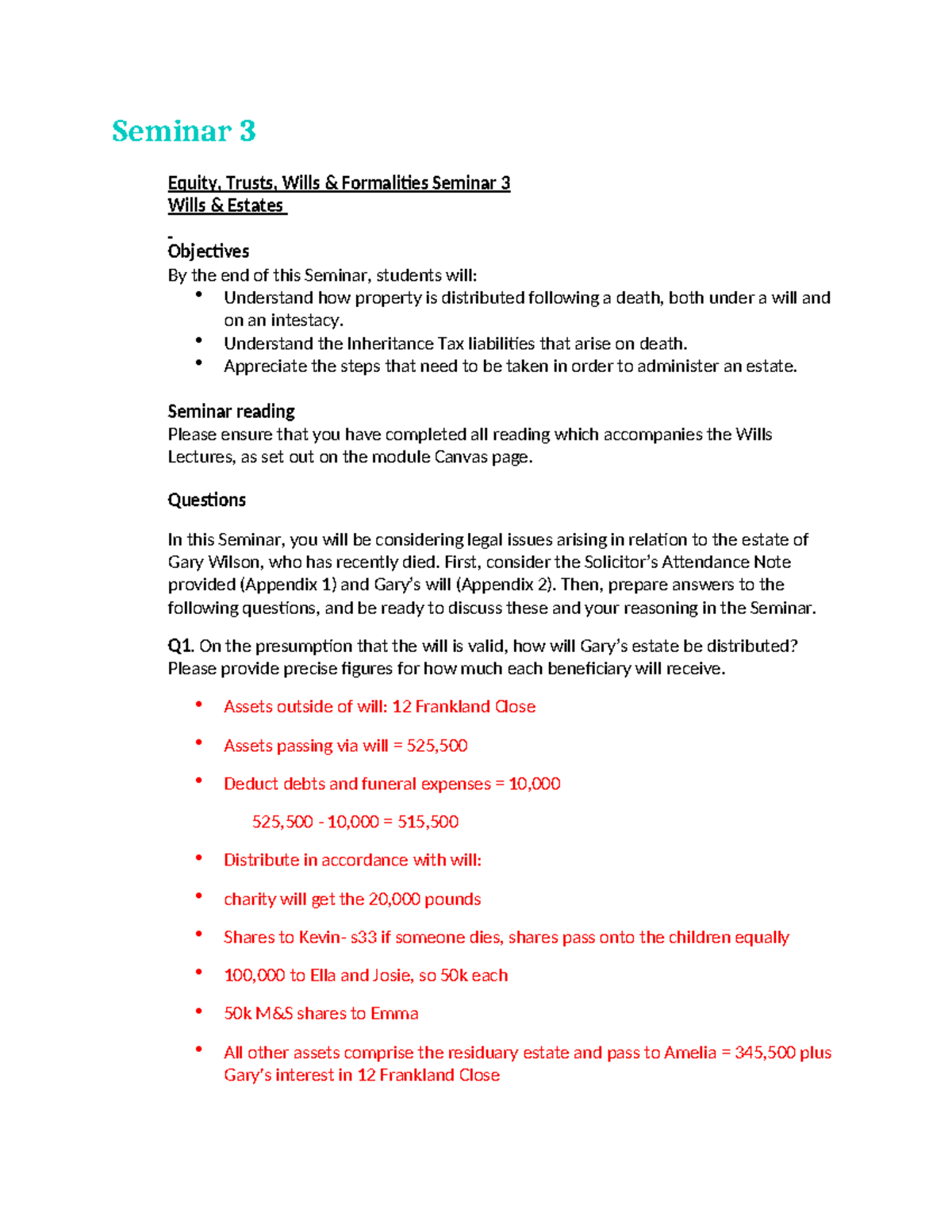 Seminar 3 - Seminar 3 Equity, Trusts, Wills & Formalities Seminar 3 ...