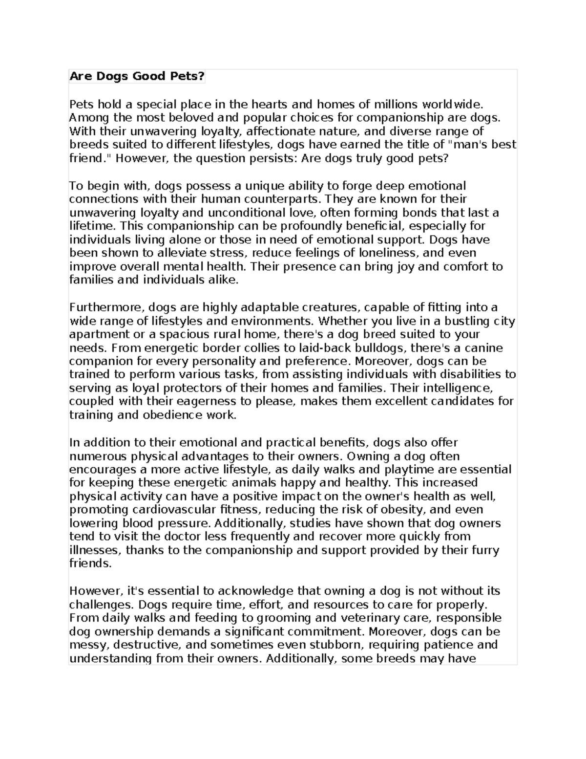 Are Dogs Good Pets – ETH211 - Are Dogs Good Pets? Pets hold a special ...