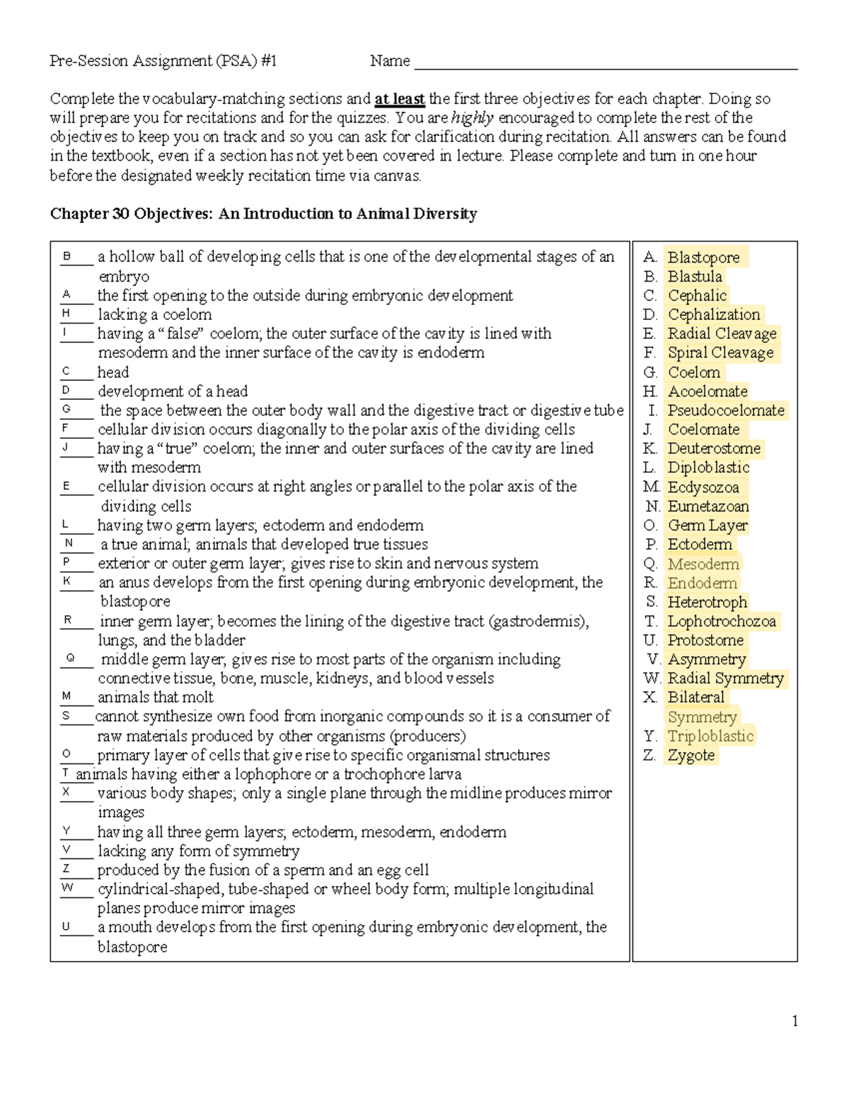 Recitation PSA 1 - Pre-Session Assignment (PSA) #1 Name Complete the ...