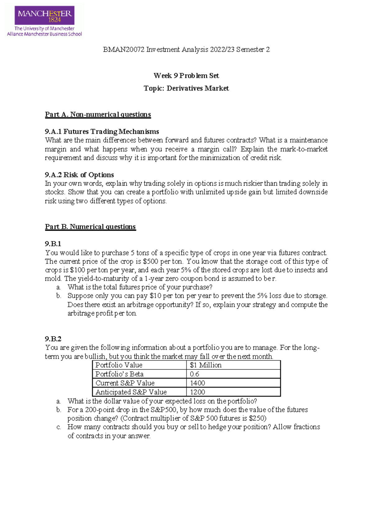 BMAN2007 2 Week 9 Problem set 2023 - BMAN20072 Investment Analysis 2022 ...