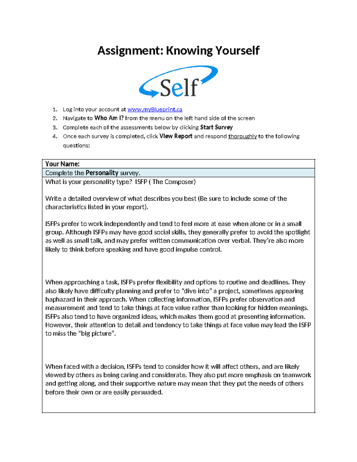 Knowing Yourself Assignment Template - Assignment: Knowing Yourself 1 ...