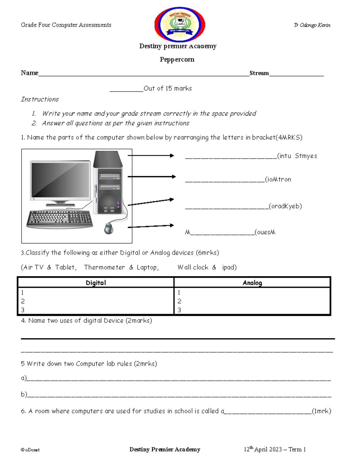 Grade 4M - primary 4 - Grade Four Computer Assessments Tr Odongo Kevin ...