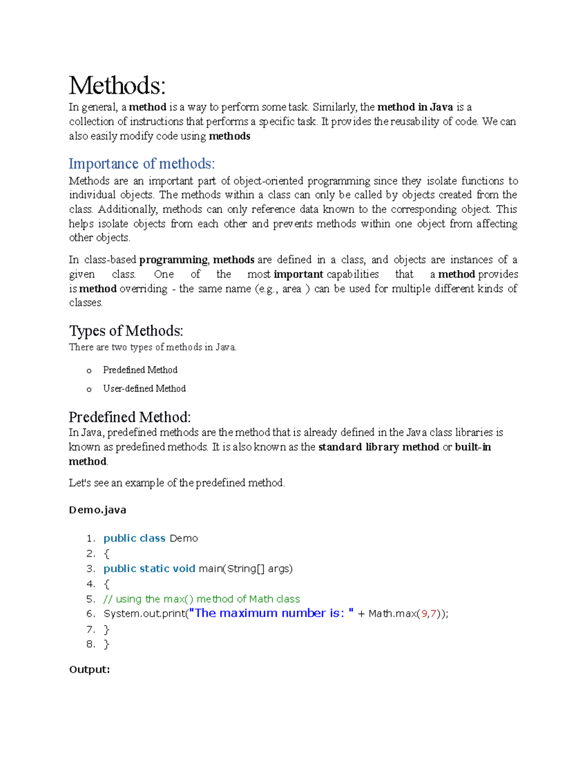 Methods - Lecture notes 15 - Methods: In general, a method is a way to ...