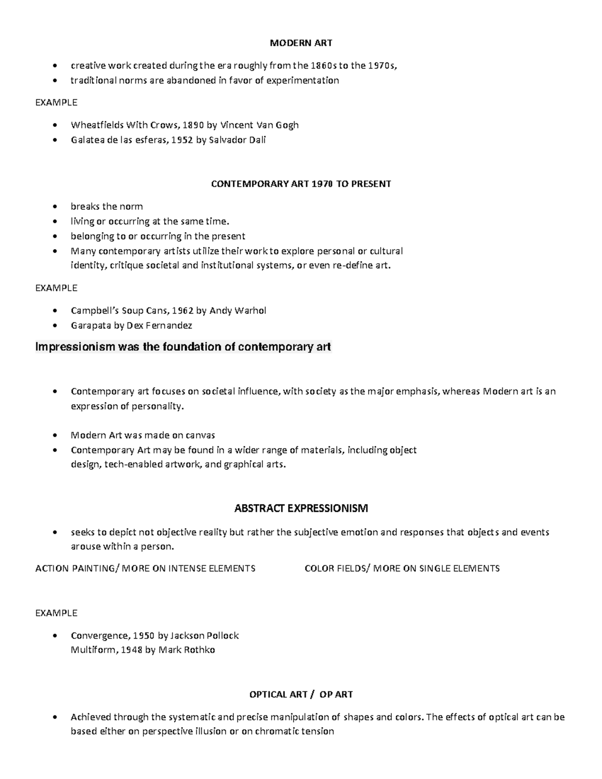 ARTA Finals - REVIEWER - MODERN ART creative work created during the era roughly from the 1860s ...